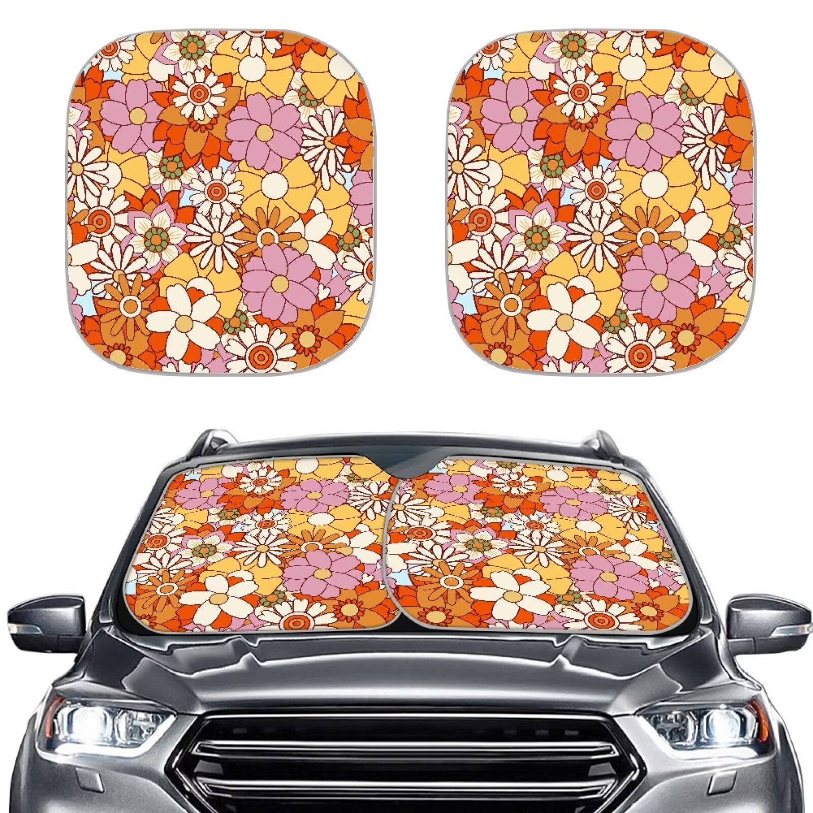 Binienty Bright Hippie Flower Car Front Windshield Sun Shade 2-Piece ...
