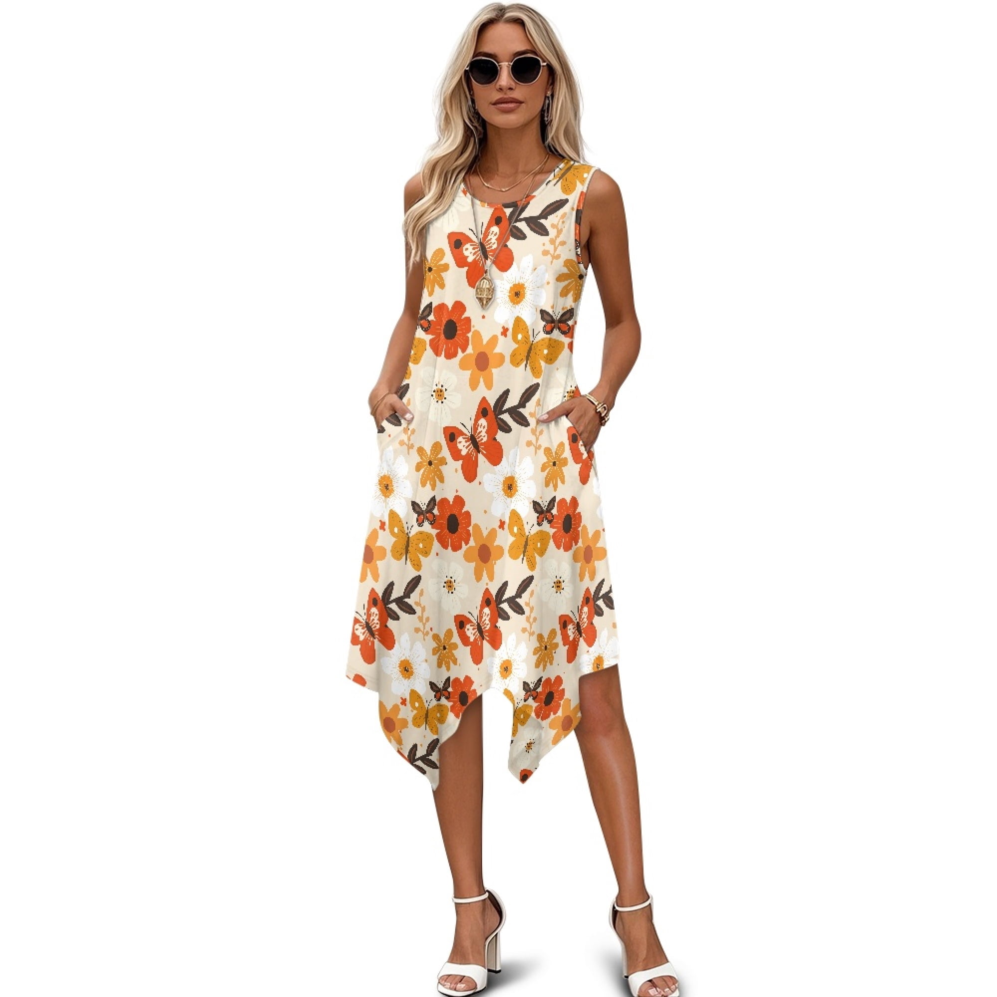 Binienty Butterfly Flowers Women Sleeveless Tank Dress, Side Pockets ...