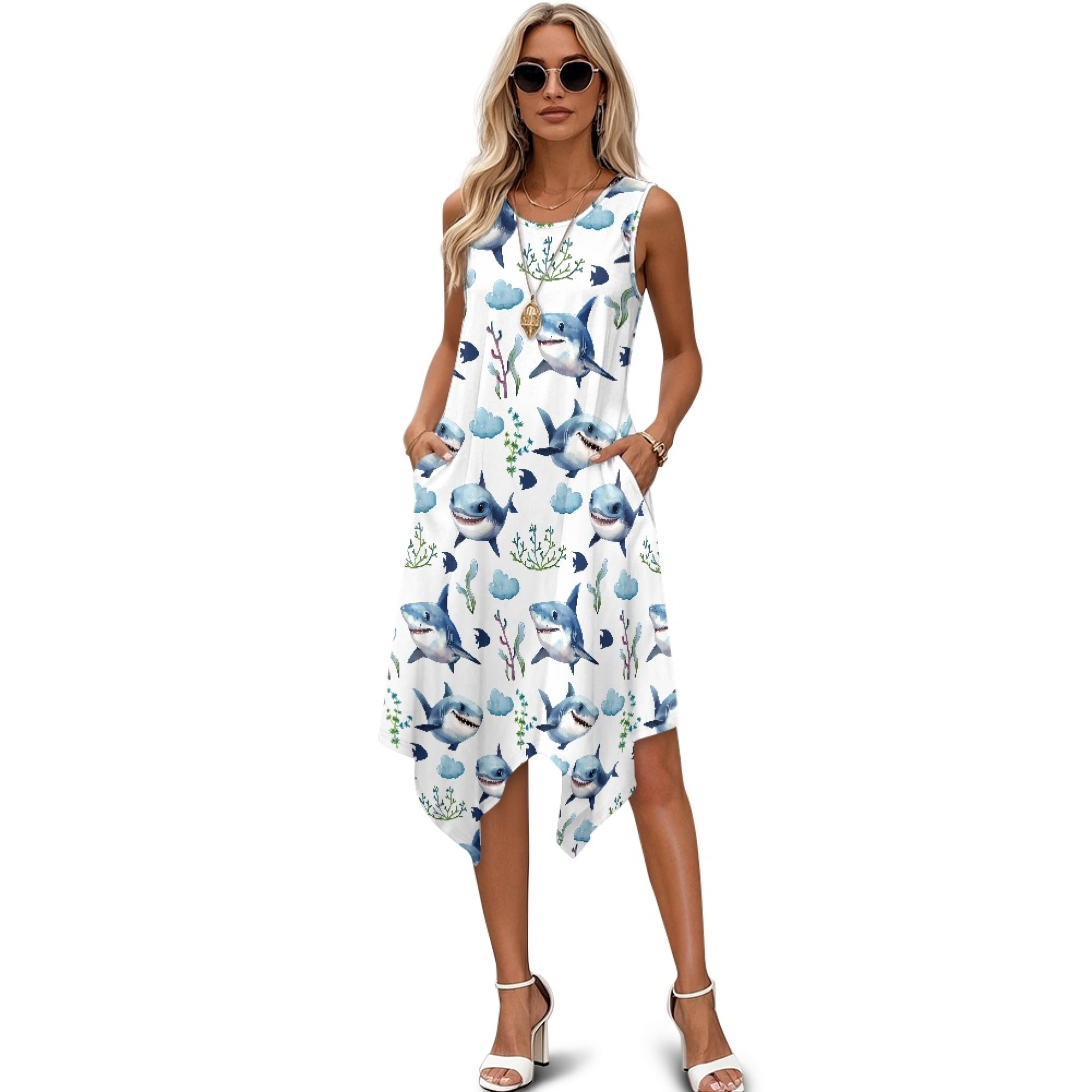 Binienty Cartoon Blue Shark Sleeveless Sundress, Irregular Hem Summer ...