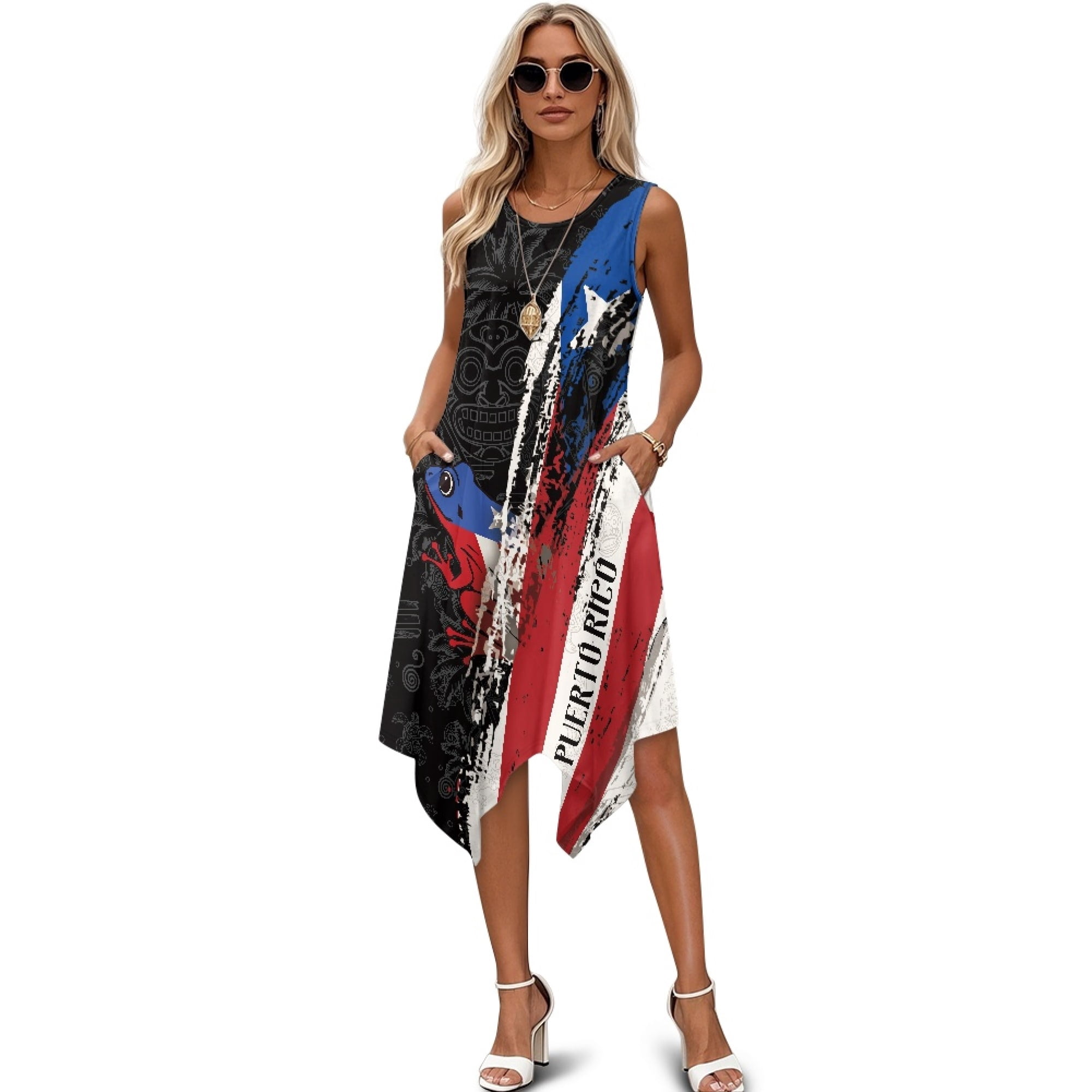 Binienty Casual Midi Dress with Puerto Rico Print, Irregular Hem Casual ...