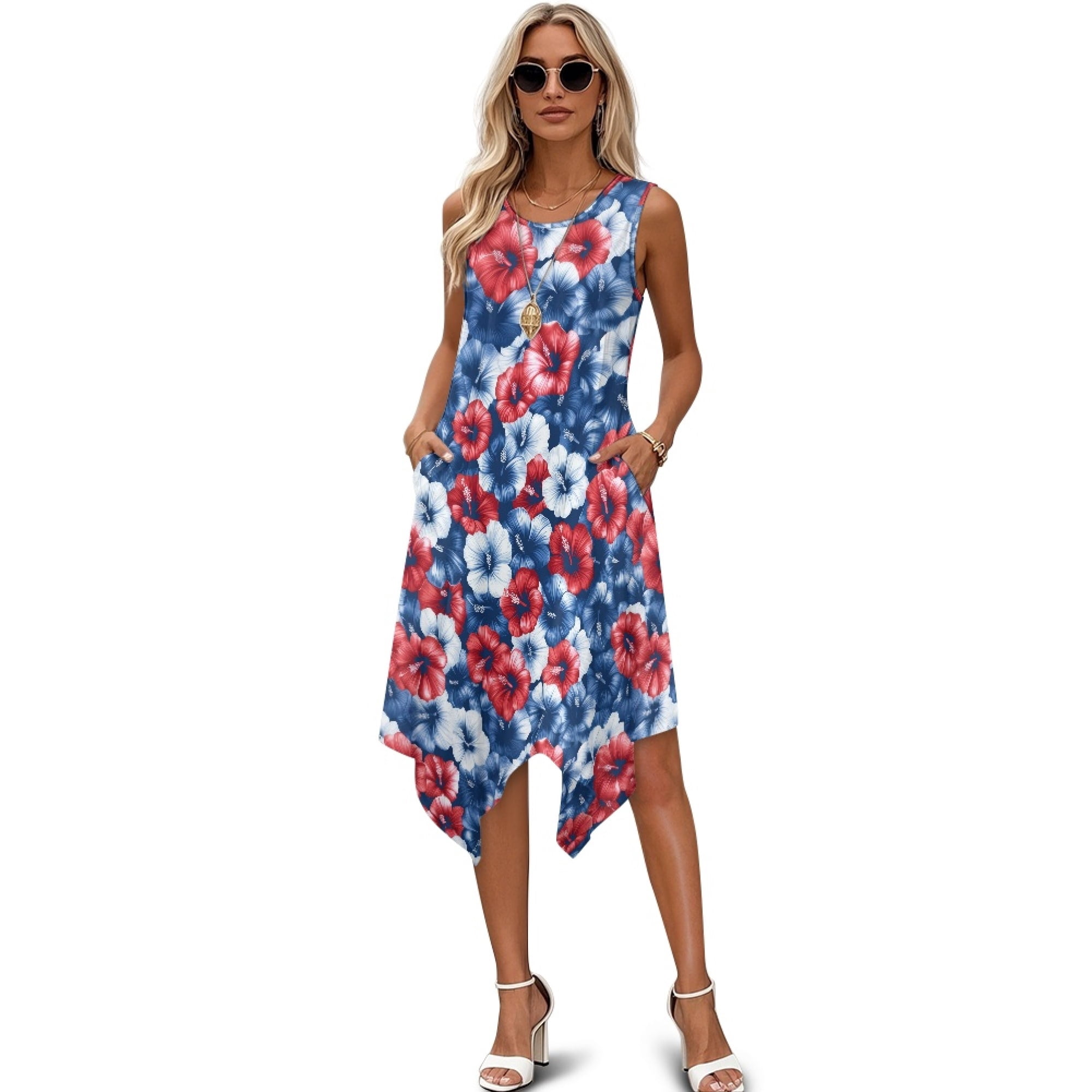 Binienty Casual Midi Dress with Hibiscus Print, Sleeveless Long Dress ...