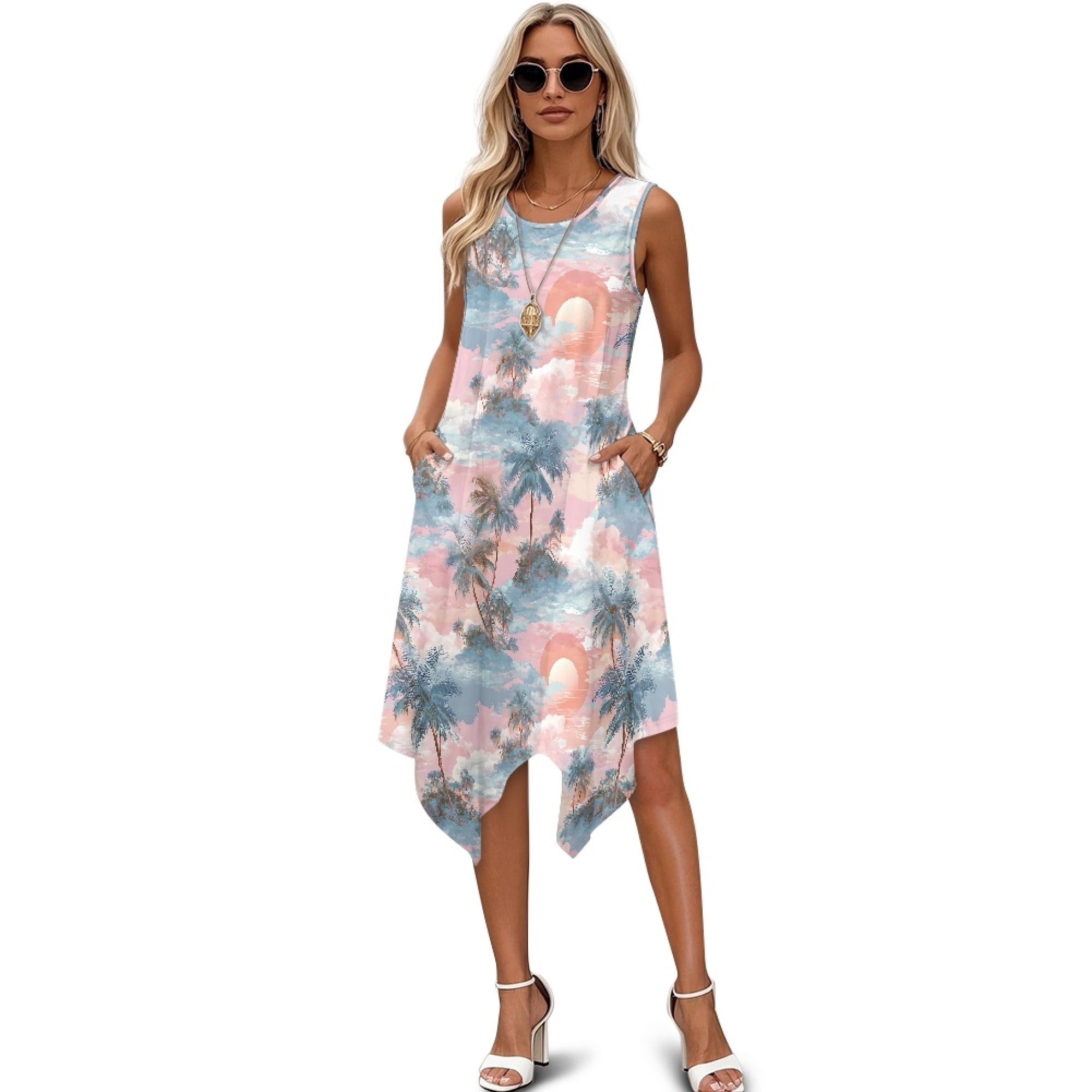 Binienty Casual Midi Dress with Palm Tree Sunset Print, Pleated ...