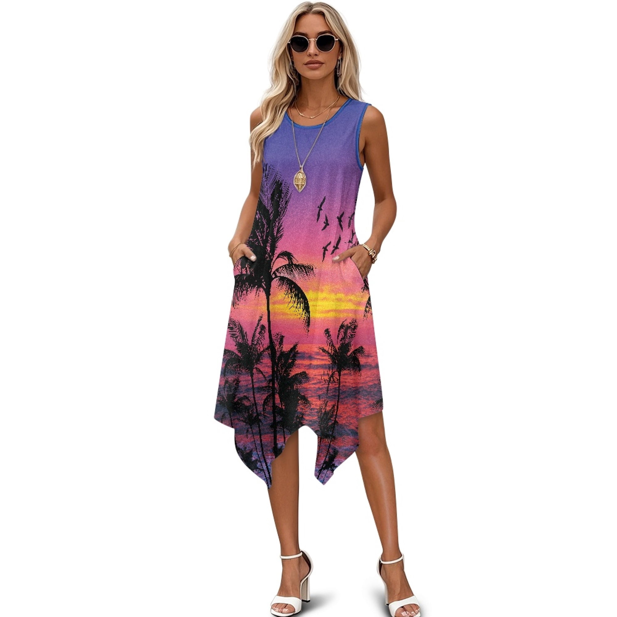 Binienty Casual Midi Dress with Tropical Sunset Print, Women Sleeveless ...