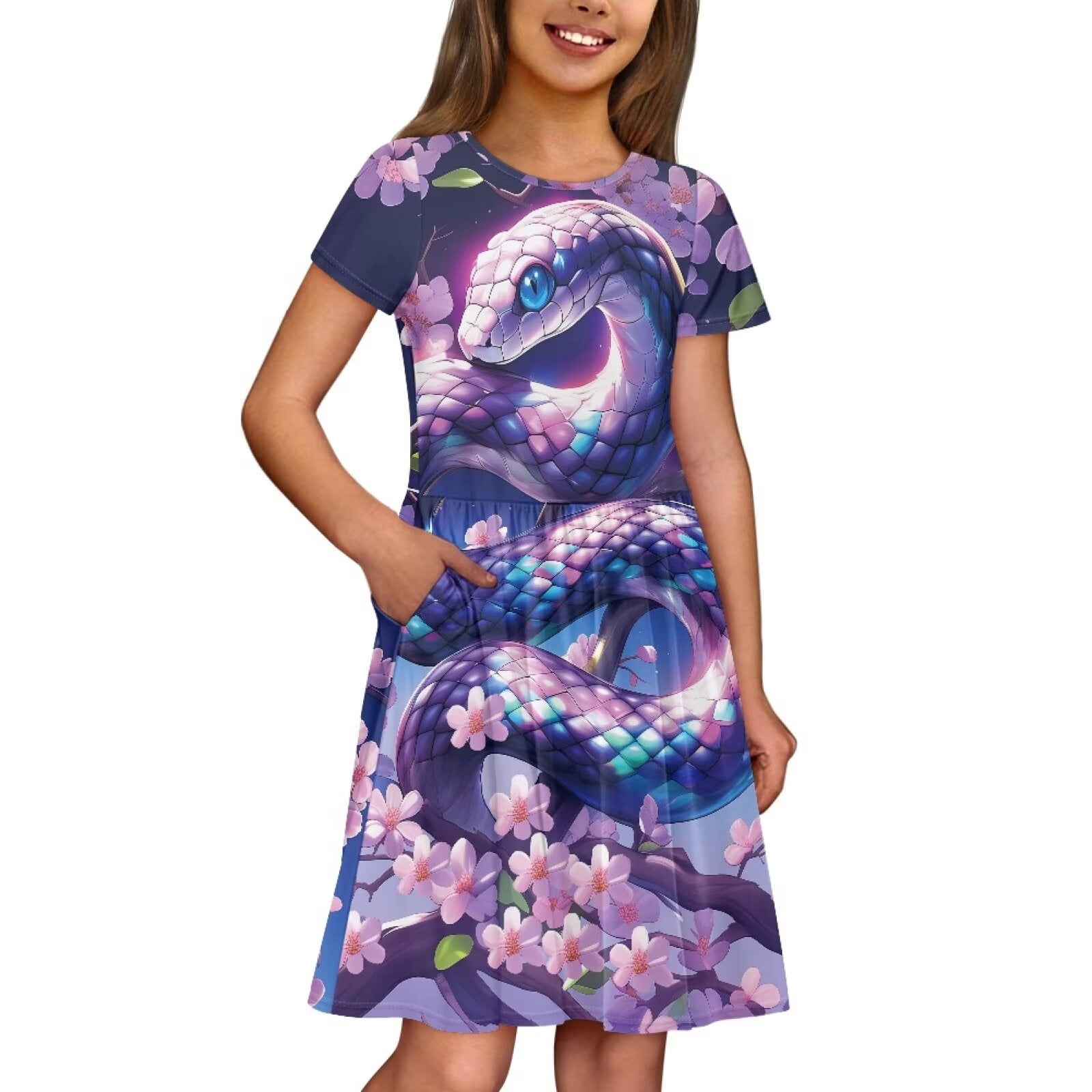 Binienty Casual Summer Dress for Girls Size 7-8 Snake Cherry Blossom ...