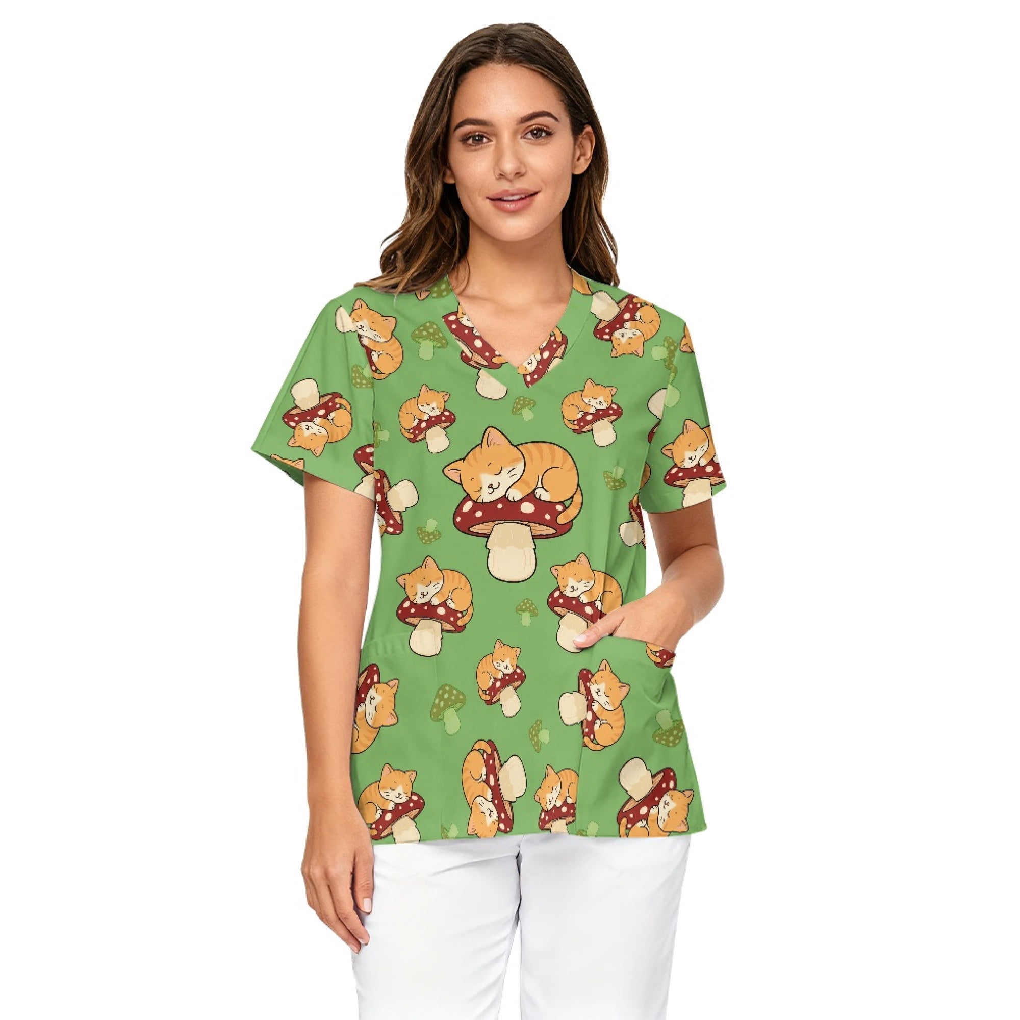 Binienty Cat and Mushroom Pattern Design Scrub Shirts for Women ...