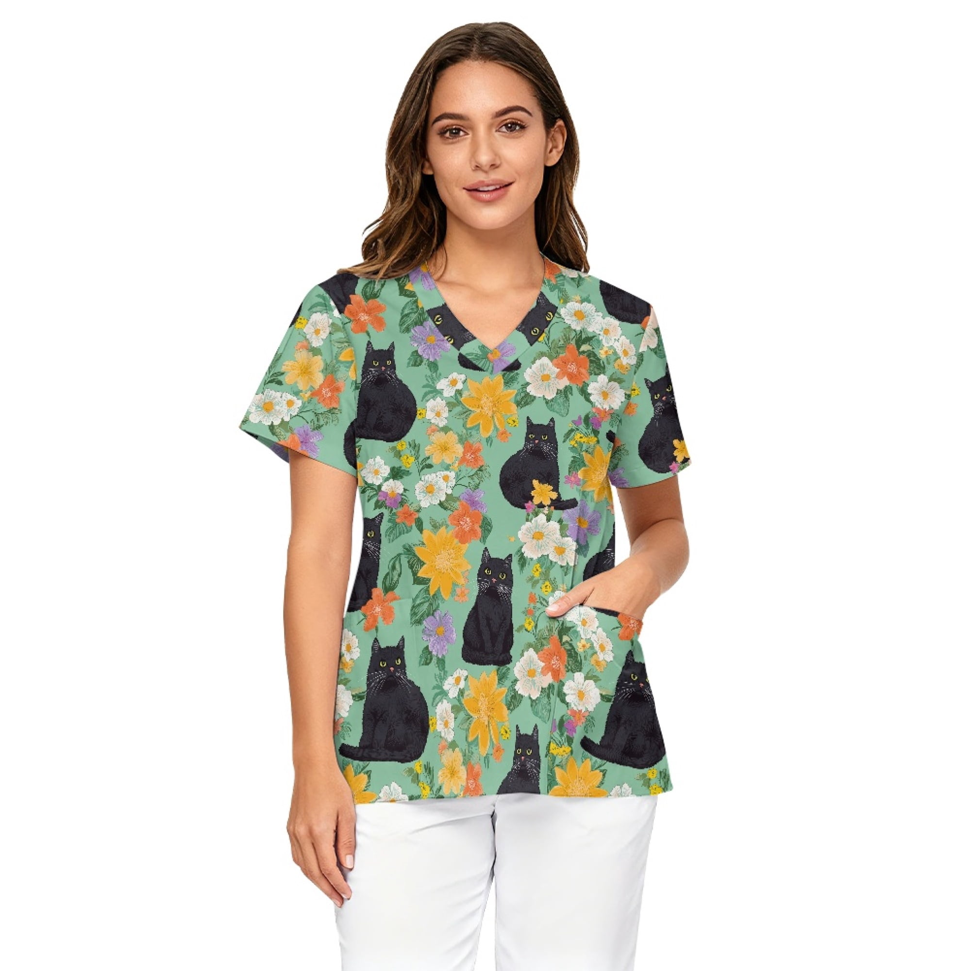 Binienty Cats Flowers Workwear Comfortable Breathable, Nurse Shirts ...