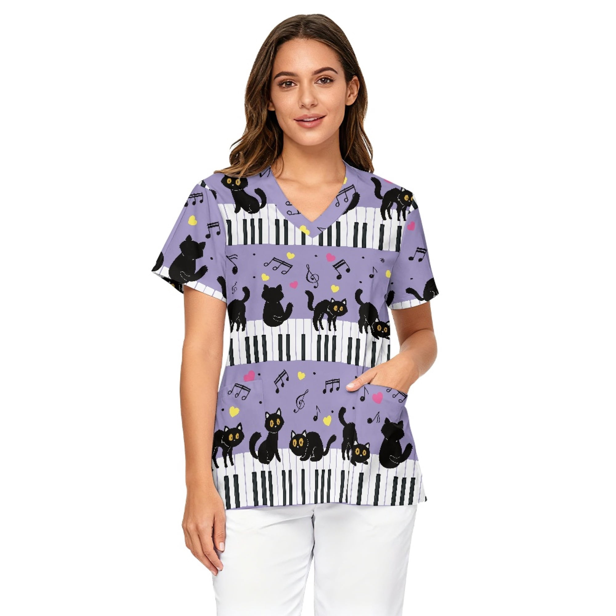 Binienty Cats Music notes Medical Uniform Shirt for Women Soft Stretch ...