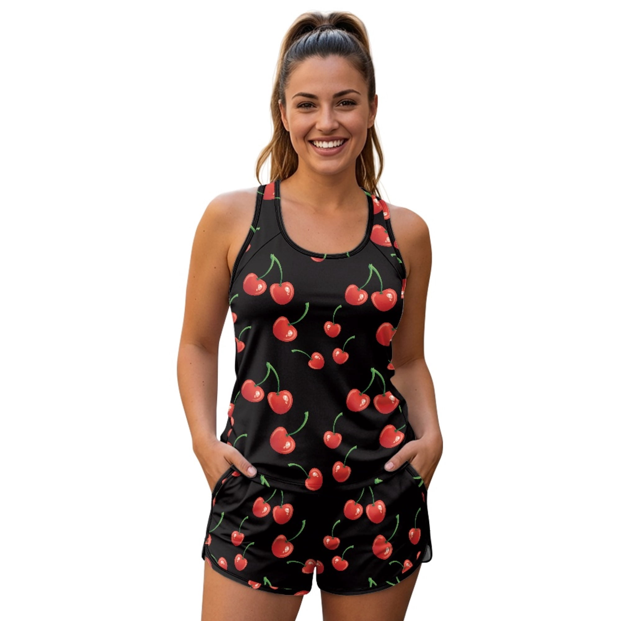 Binienty Cherry Print Pattern Vest Top Shorts for Beach, Tank Style ...