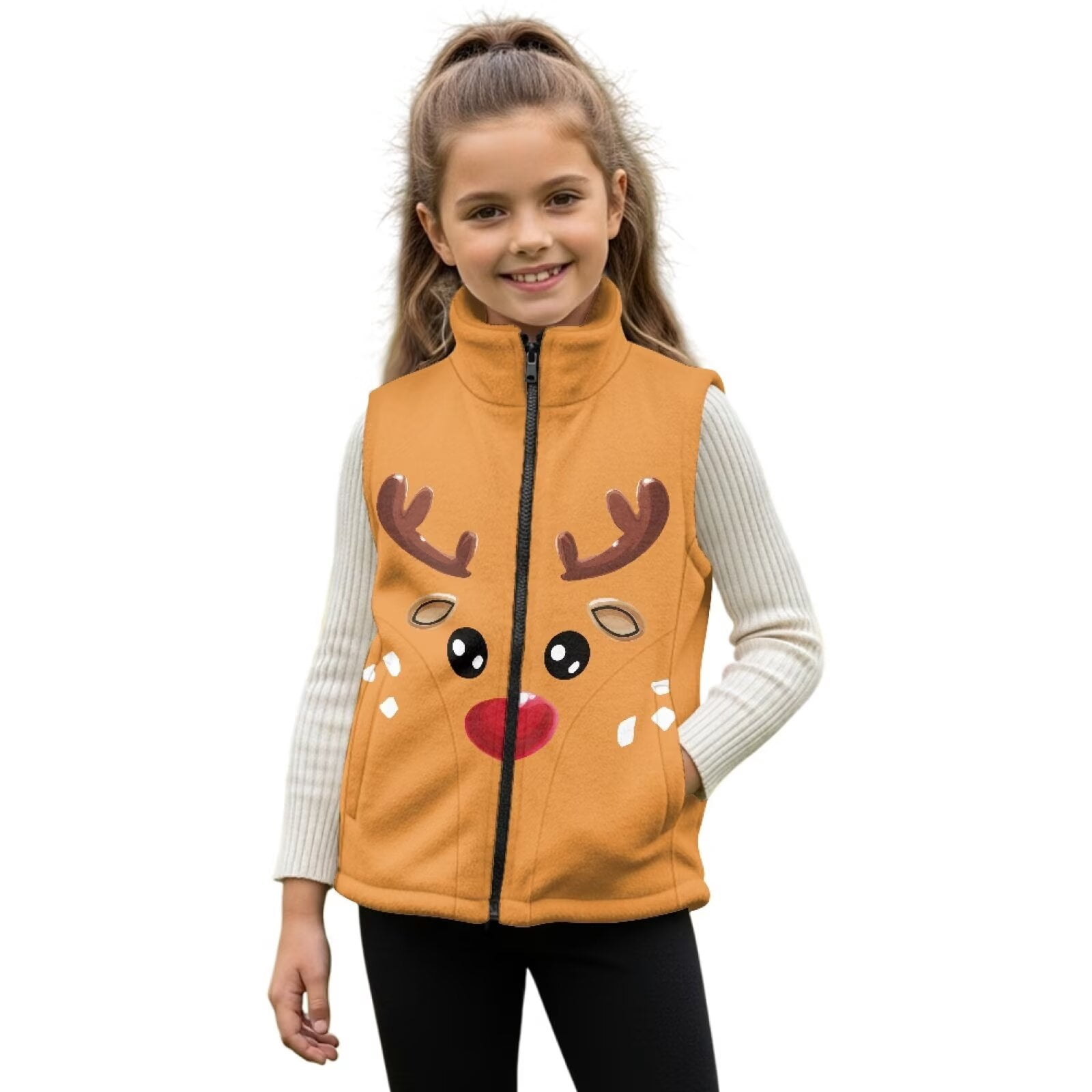 Binienty Christmas Reindeer Sleeveless Vest Girls Zip Up Fuzzy Jacket ...