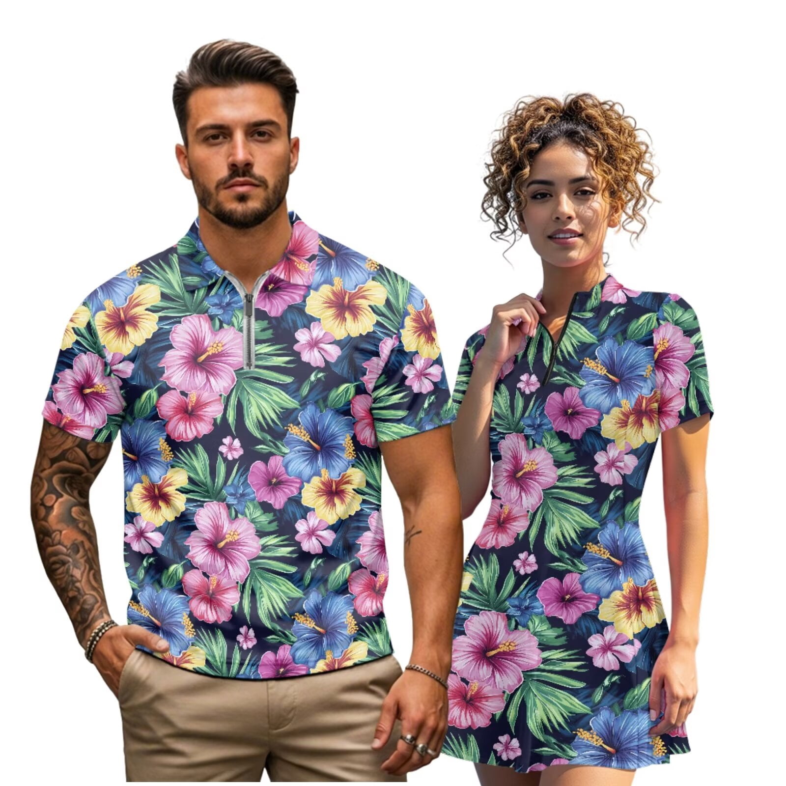 Binienty Colorful Hibiscus Couple Golf Clothing Set Relaxed Classic Fit ...