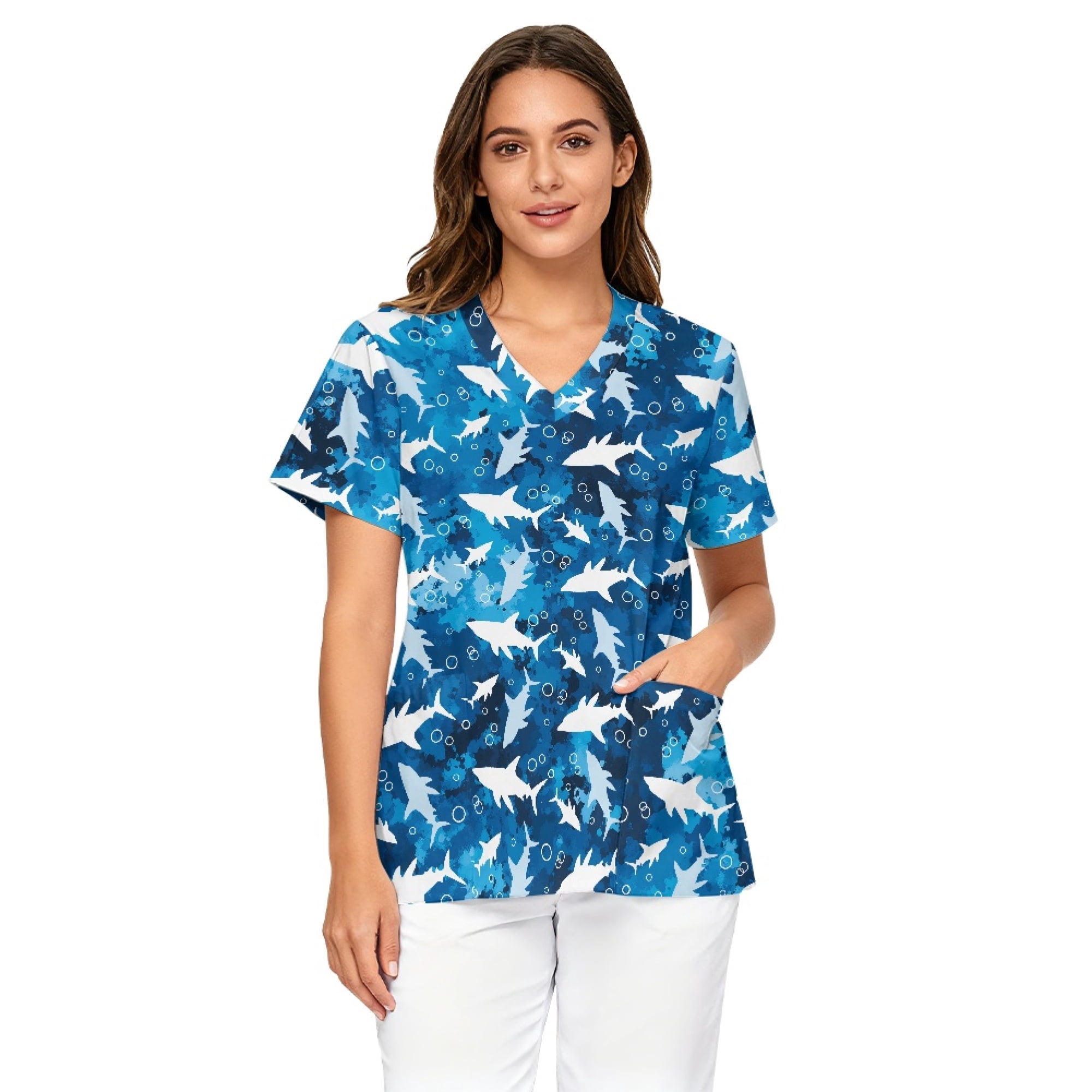 Binienty Colorful Shark Pattern Healthcare Workwear for Women Stretchy ...