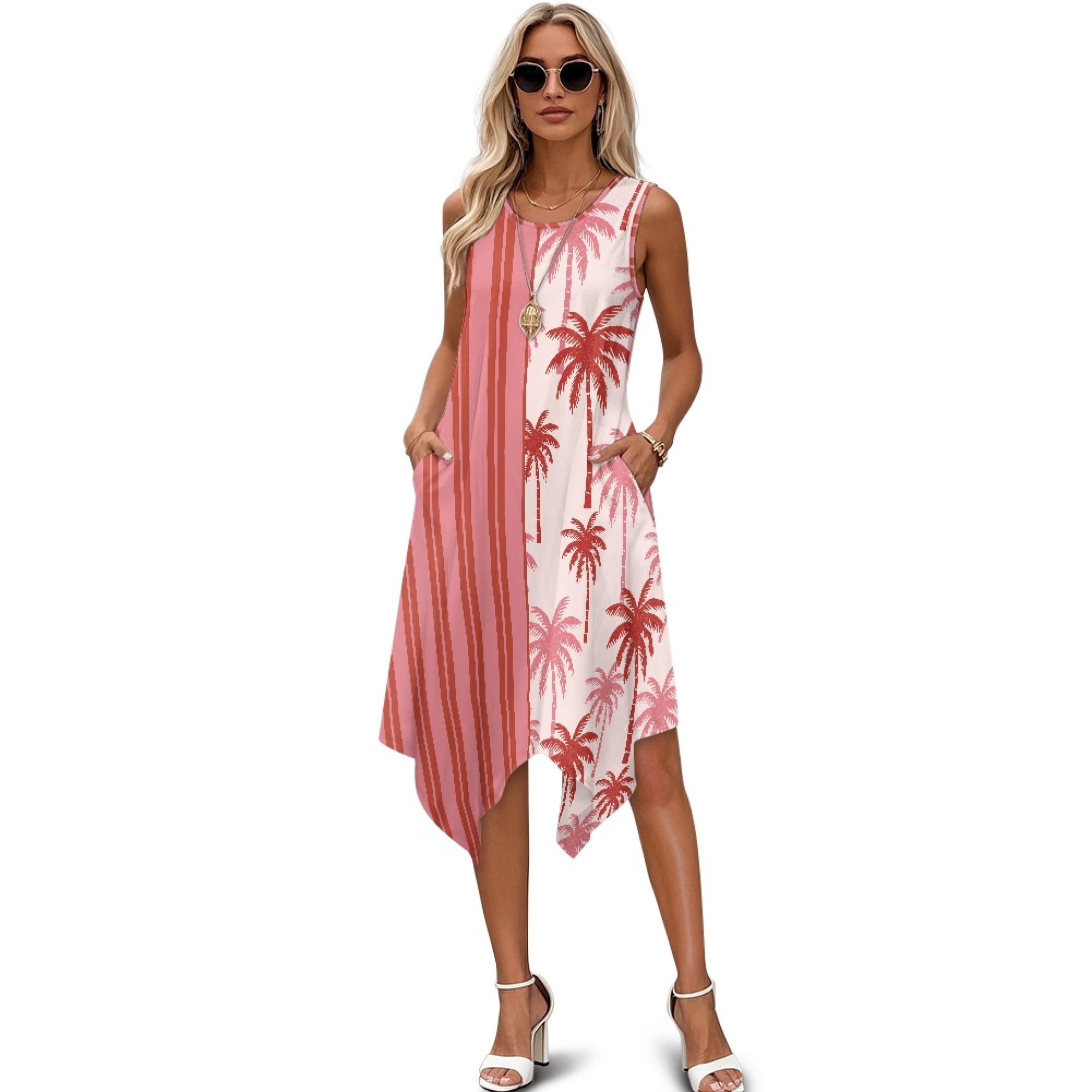 Binienty Coral Palm Tree Print & Pink Striped Mesh Design Pleated ...