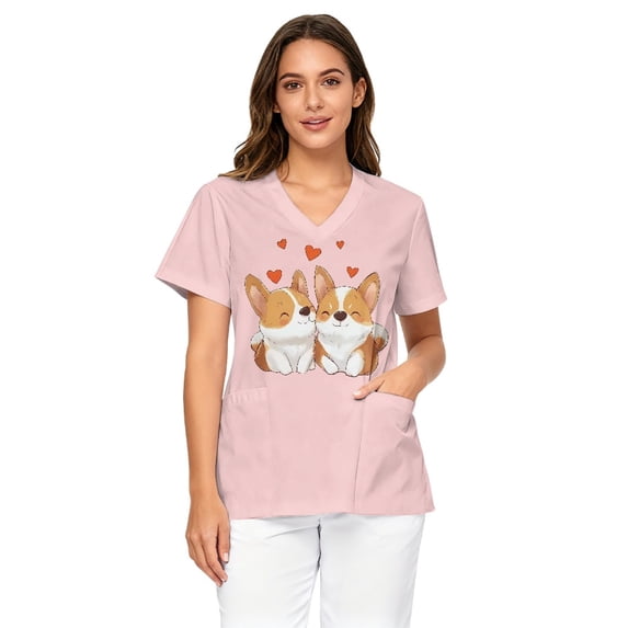 Binienty Corgi Print Medical Scrub Top Women Short Sleeve V-Neck ...