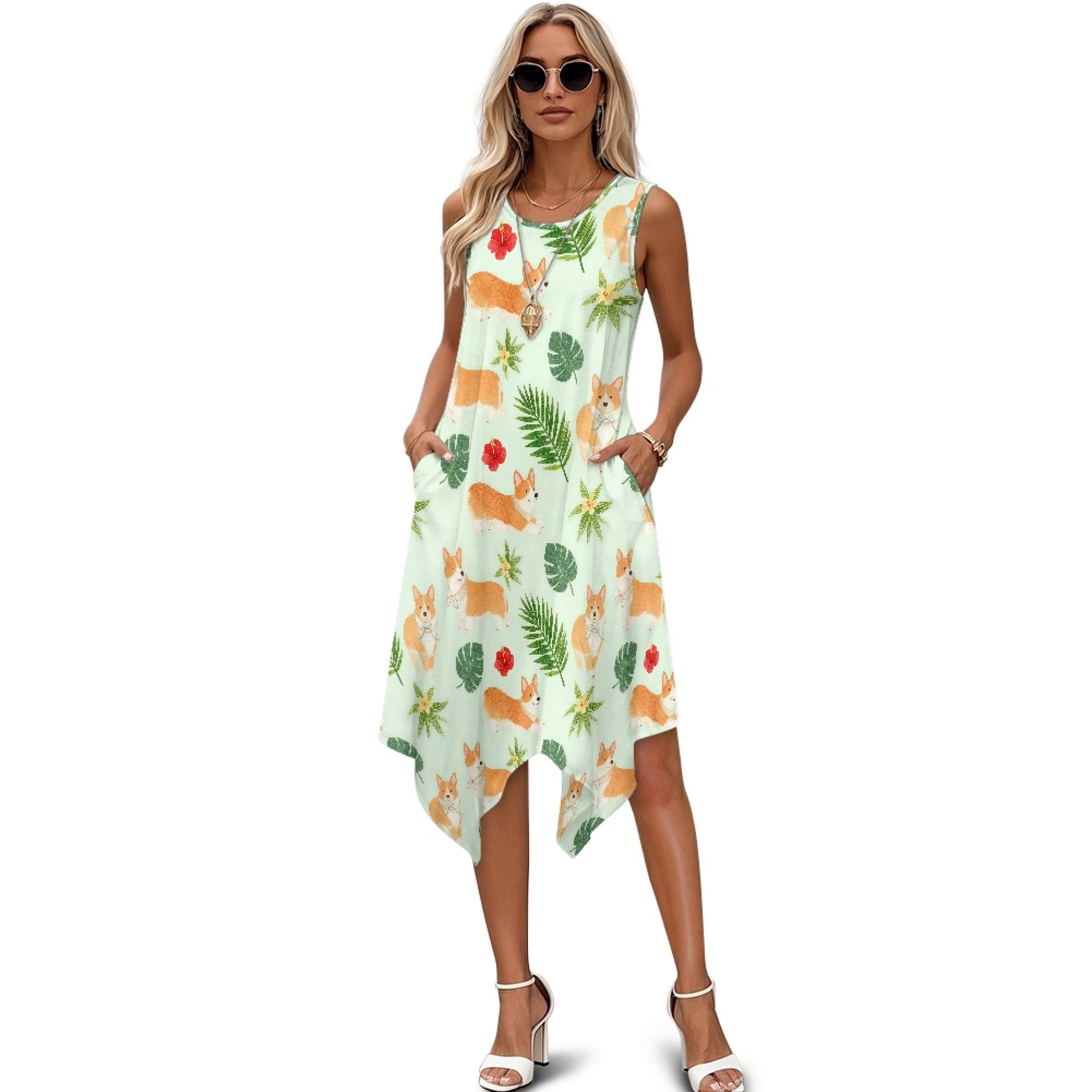Binienty Corgi Tropical Print Casual Midi Dress, Side Pockets Summer ...