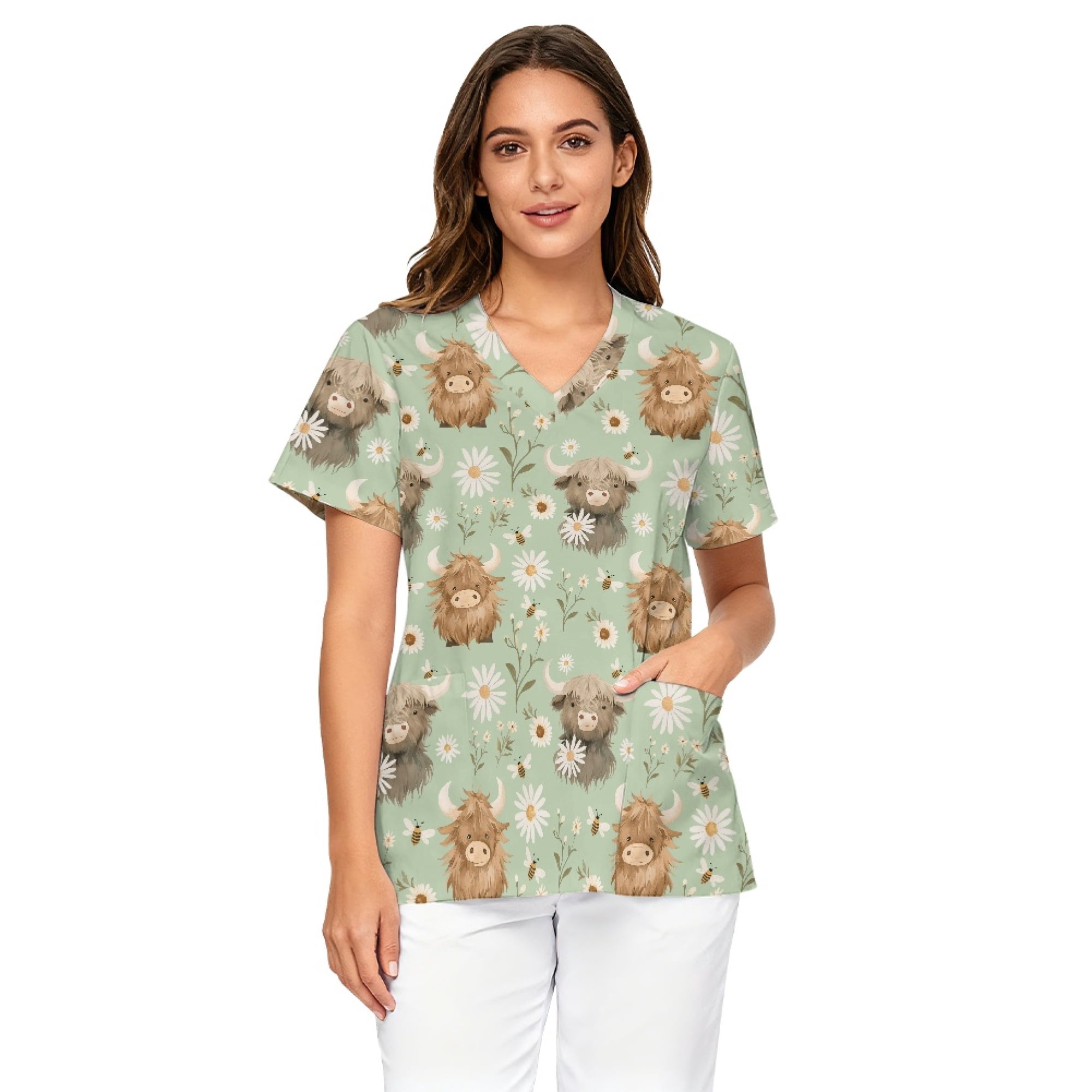 Binienty Cow Flower Nurse Uniform for Women Breathable V Neck Medical ...