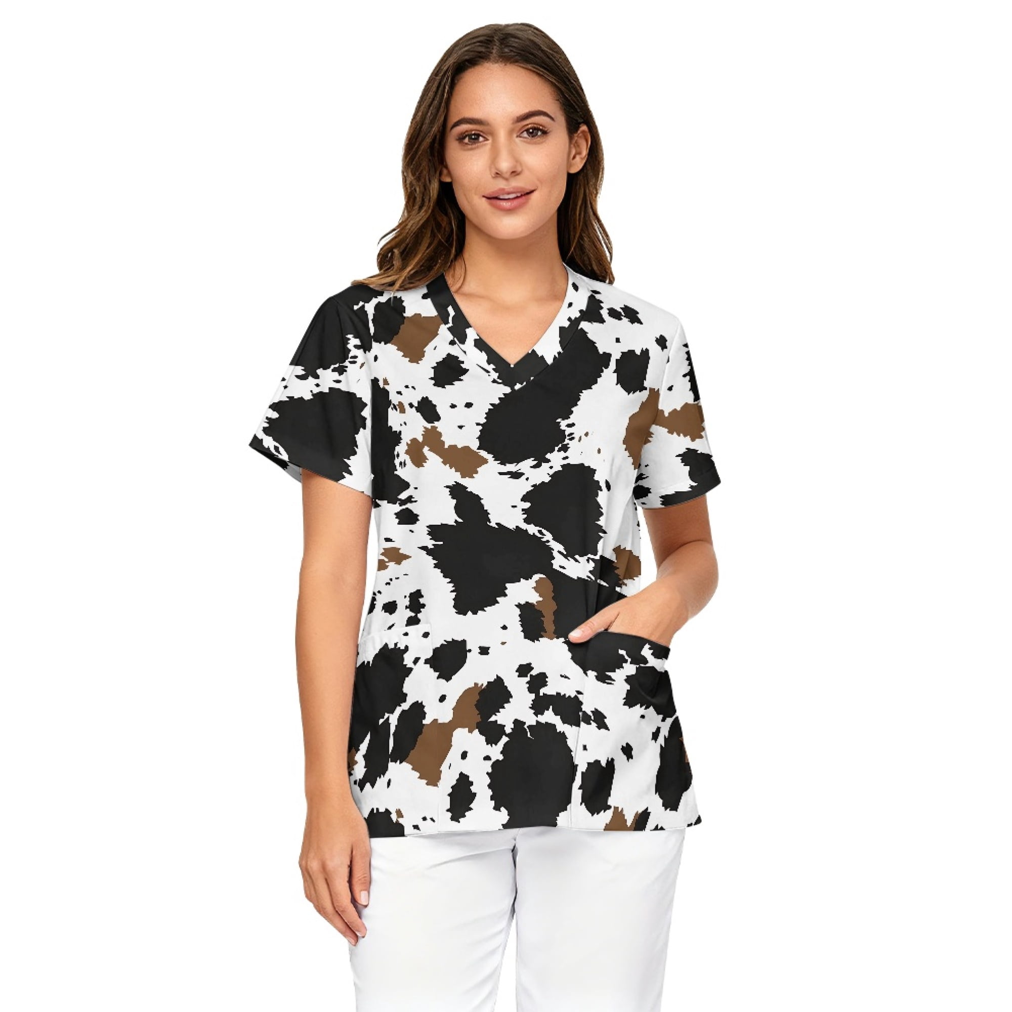 Binienty Cow Print Pattern Healthcare Uniform for Women Stretchy V Neck ...