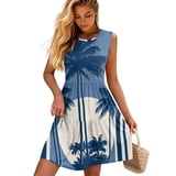 Binienty Crewneck Dress with Coconut Palm Print, Sleeveless Tiered Mini ...