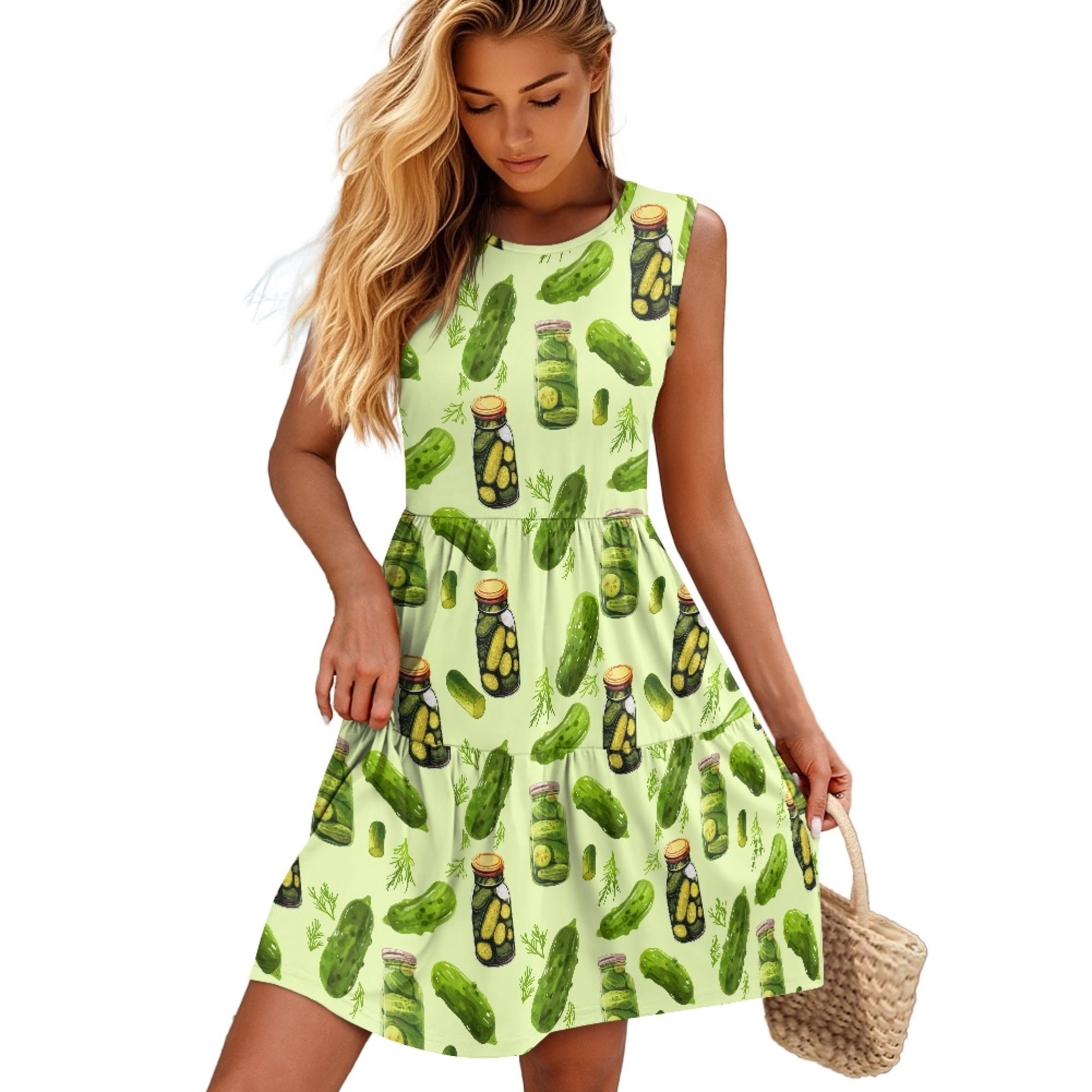 Binienty Crewneck Dress with Pickle Jar Pattern, Sleeveless Tiered Mini ...