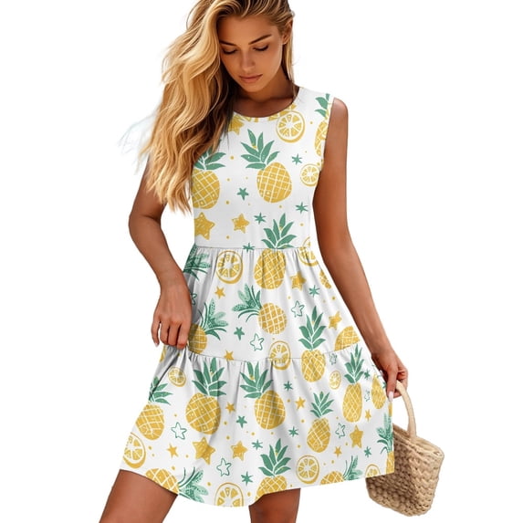 Binienty Crewneck Dress with Pineapple Citrus Print, Sleeveless Tiered ...