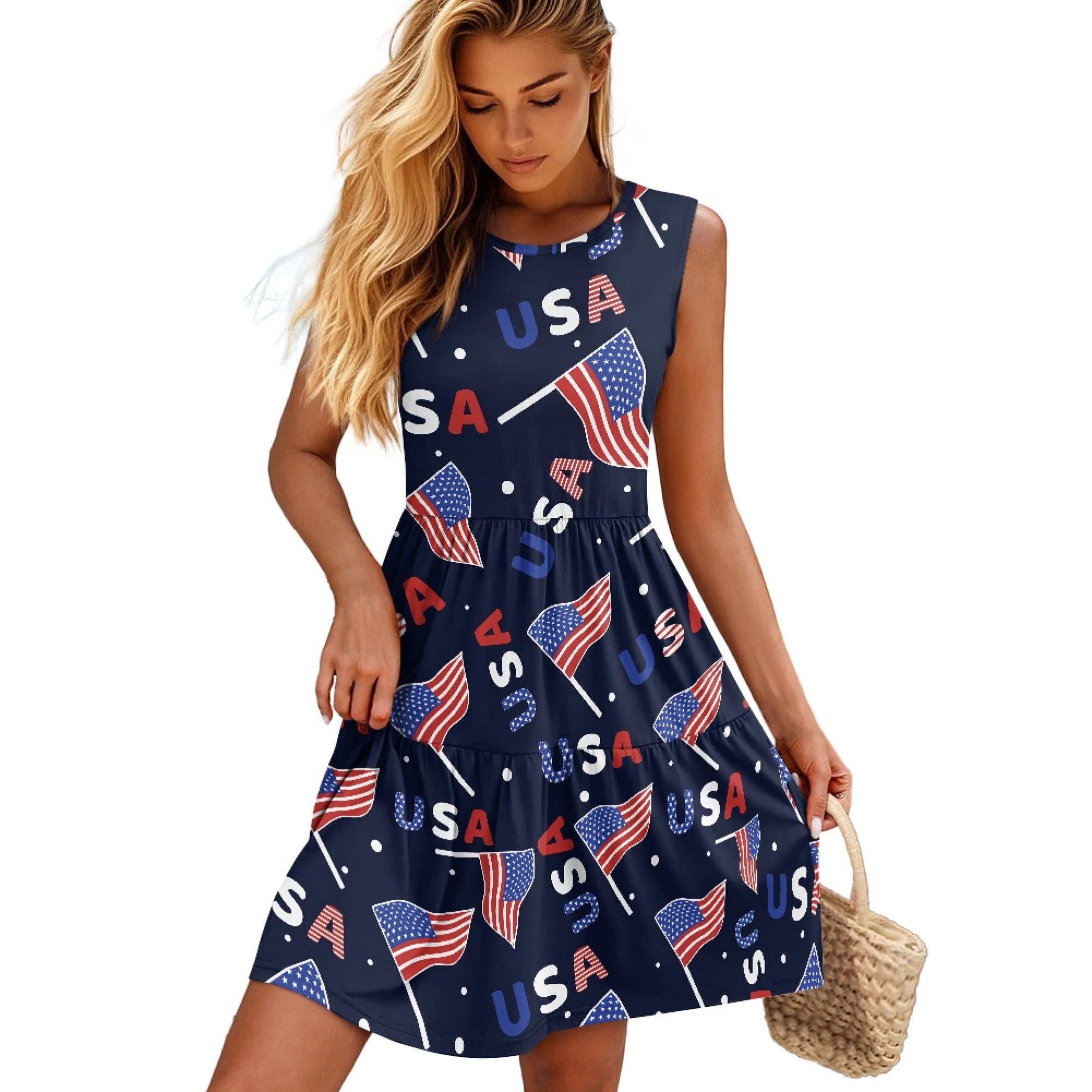 Binienty Crewneck Dress with USA Flag Pattern, Sleeveless Tiered Mini ...