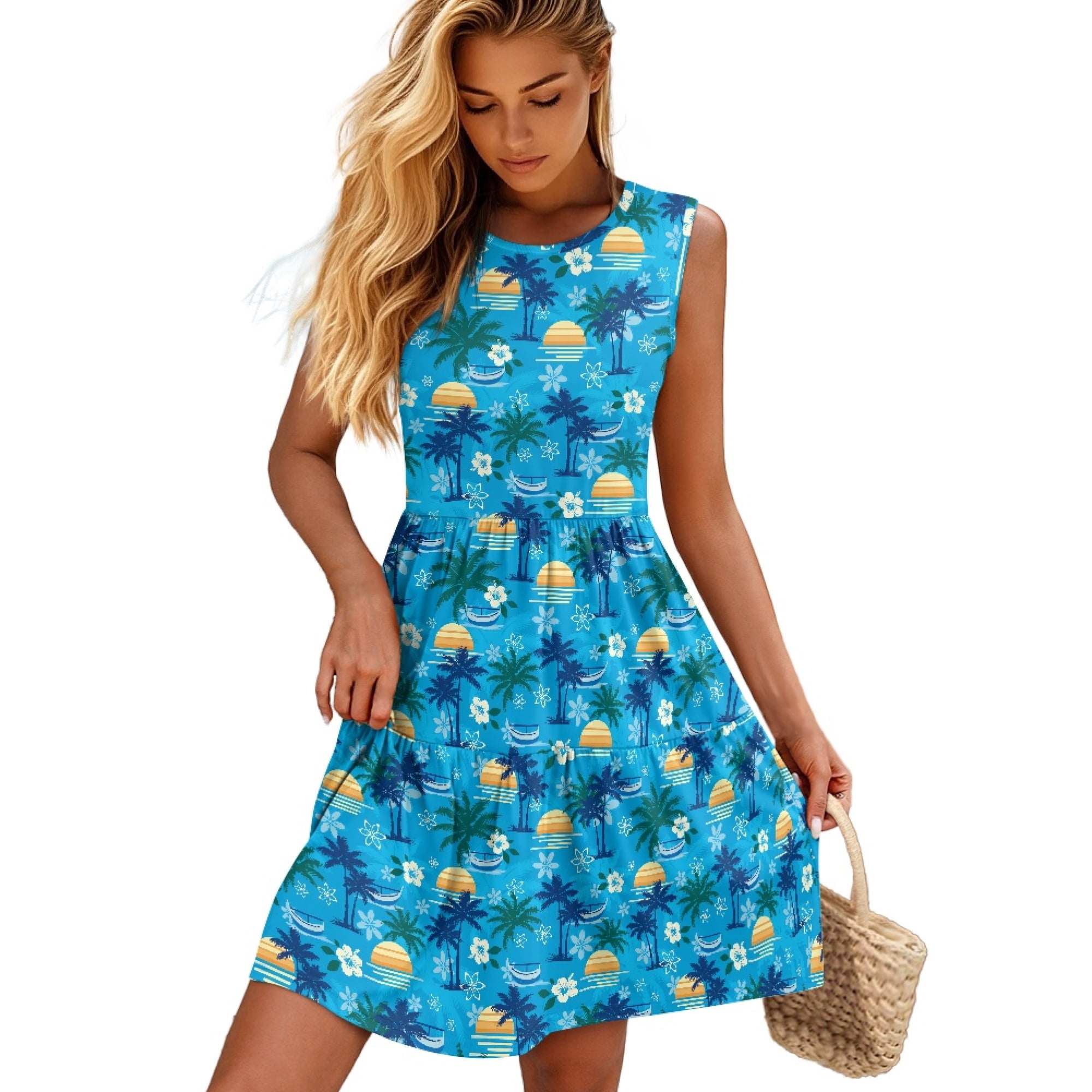 Binienty Crewneck Sleeveless Mini Dress with Tropical Palm Pattern ...
