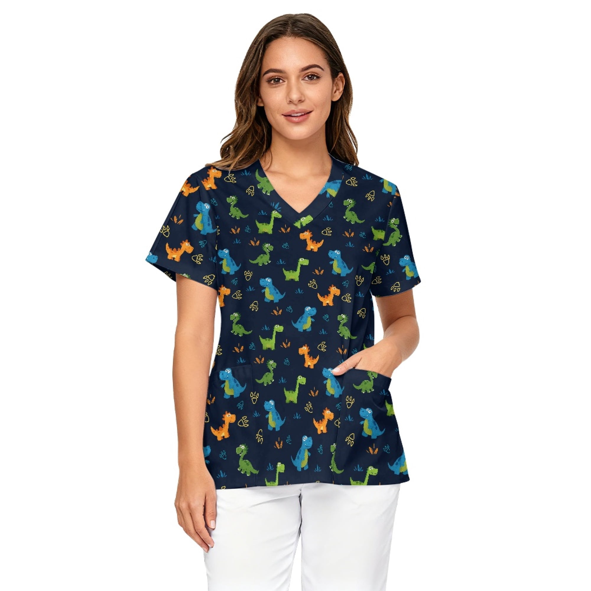 Binienty Cute Cartoon Dinosaur Print Nurse Working Uniform Short Sleeve ...