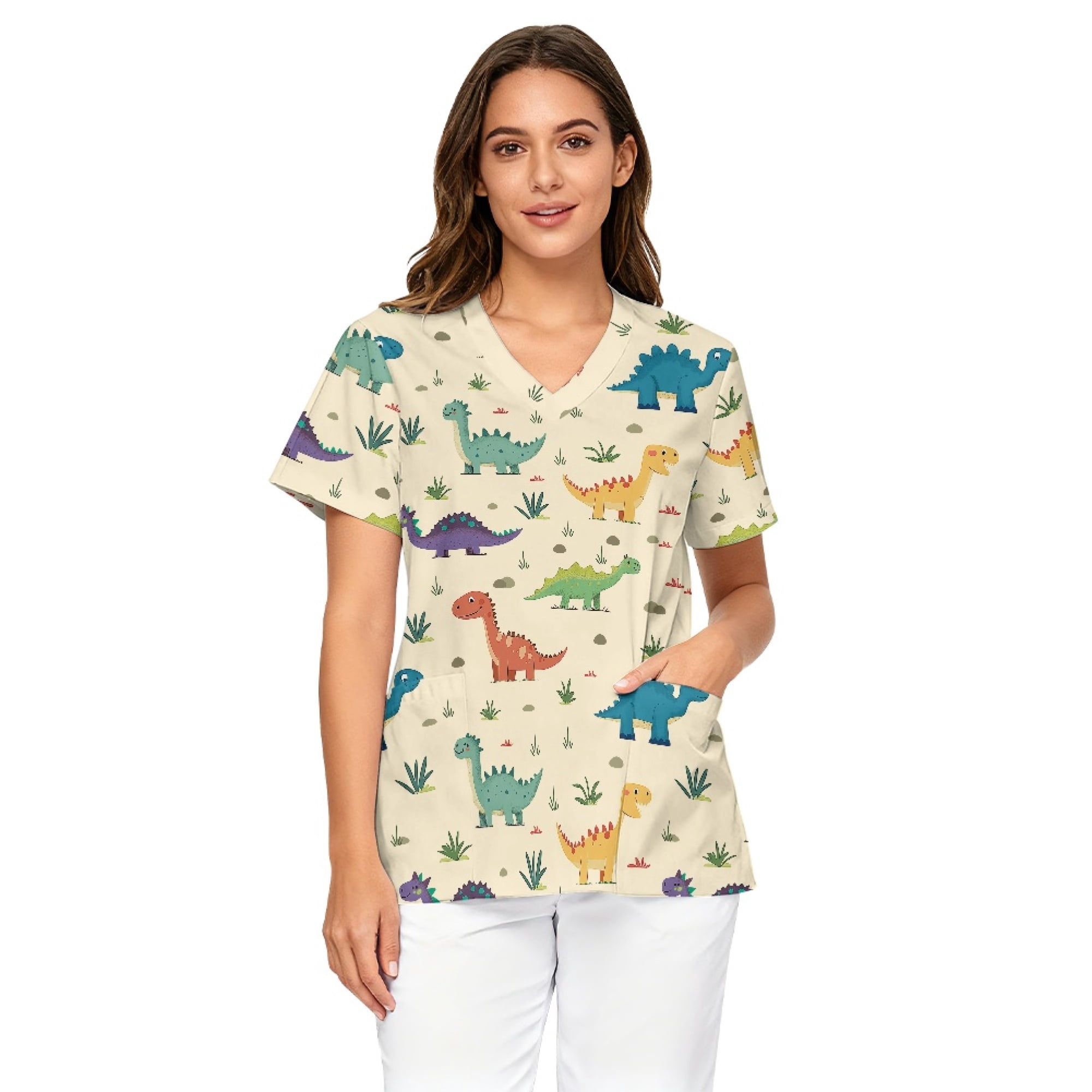 Binienty Cute Dinosaur Pattern Work Shirt for Women Functional V Neck ...