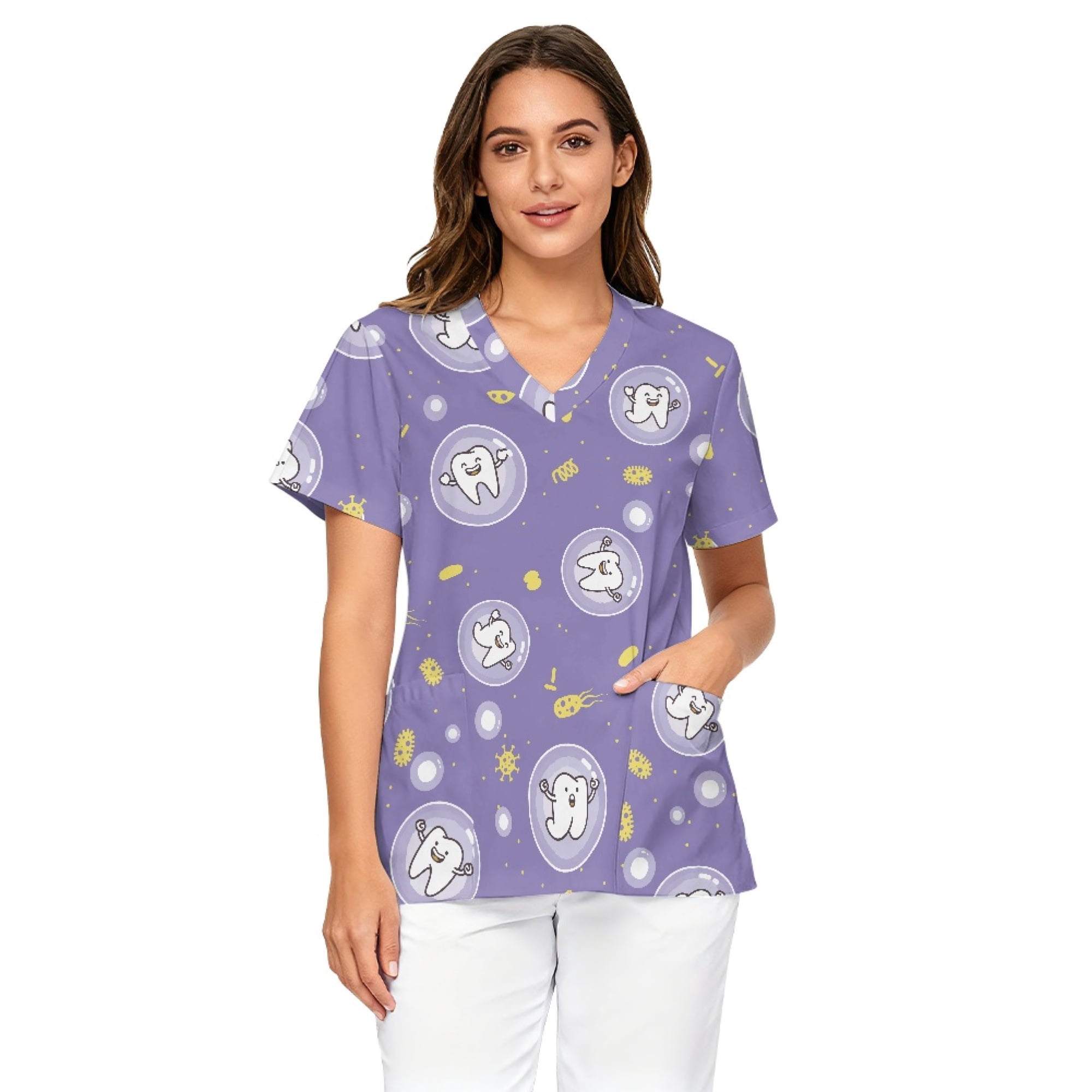 Binienty Cute Tooth Print Healthcare Work Shirt for Women Stretchy V ...