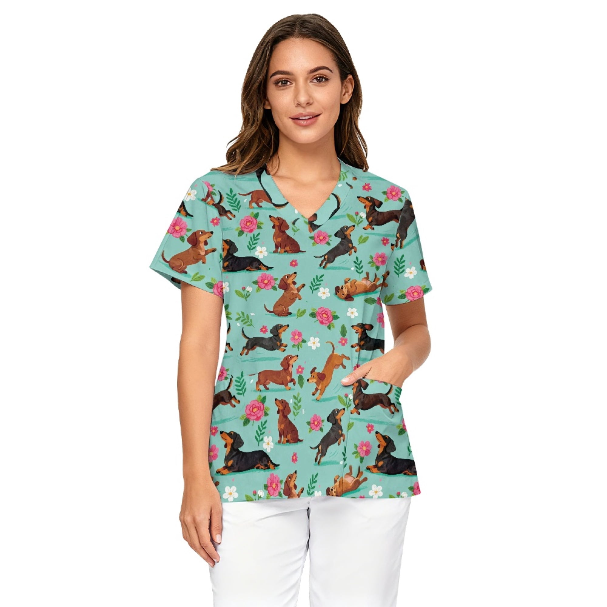 Binienty Dachshund Garden Nursing Shirt for Women Breathable V Neck ...
