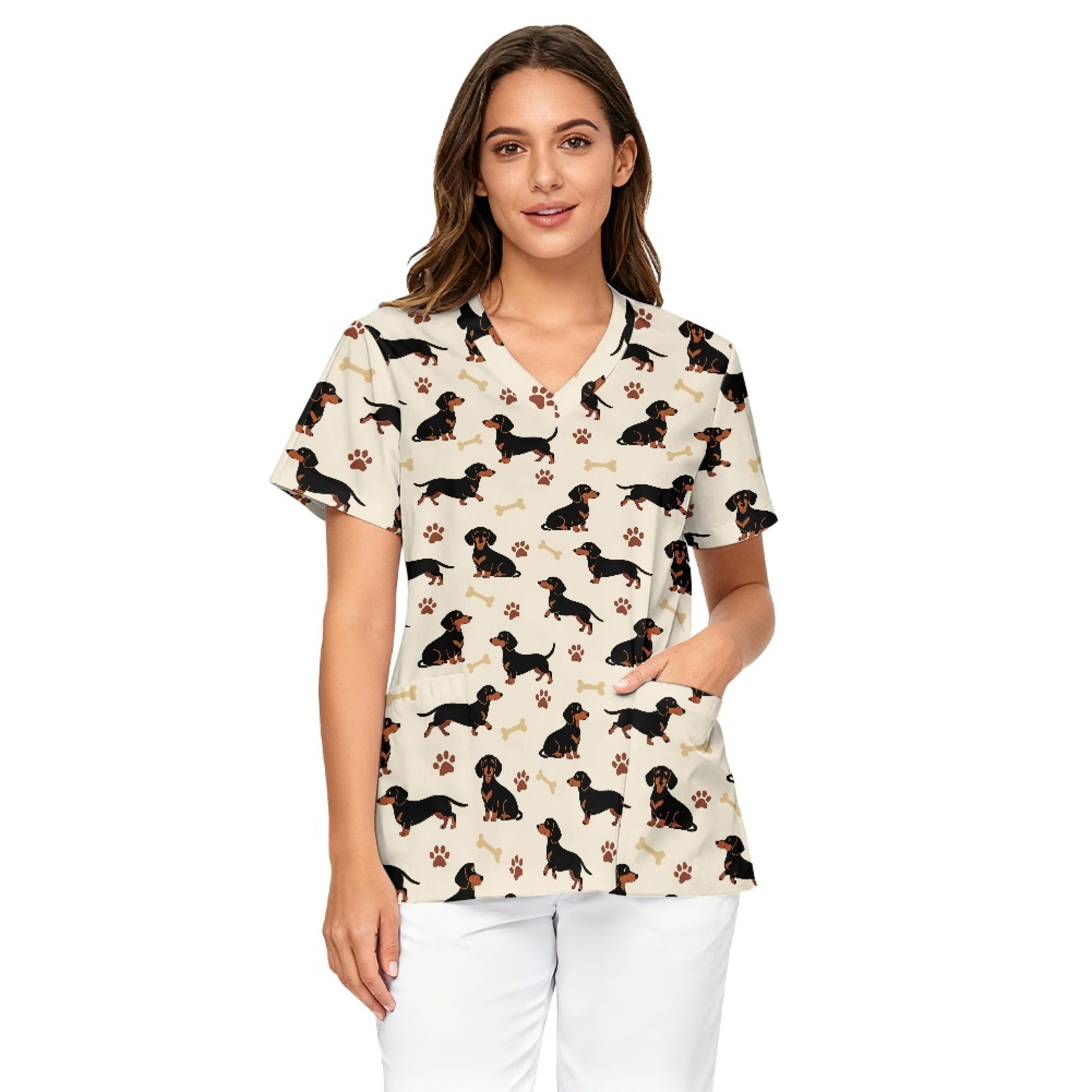 Binienty Dachshund Paw Print Pattern Nursing Uniform Top for Healthcare ...