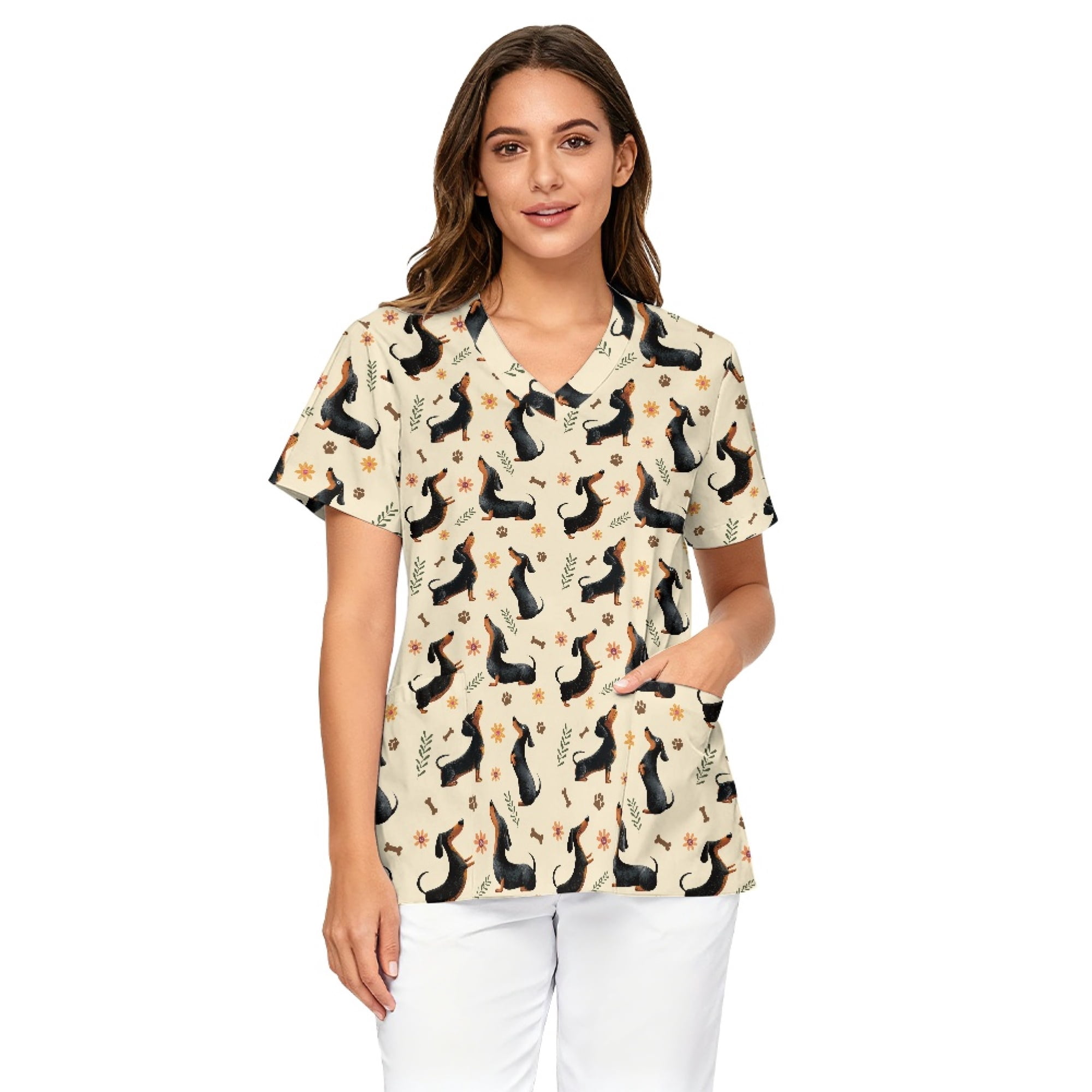 Binienty Dachshund Scrub Tops for Nurses Soft V Neck Scrub Top with 2 ...