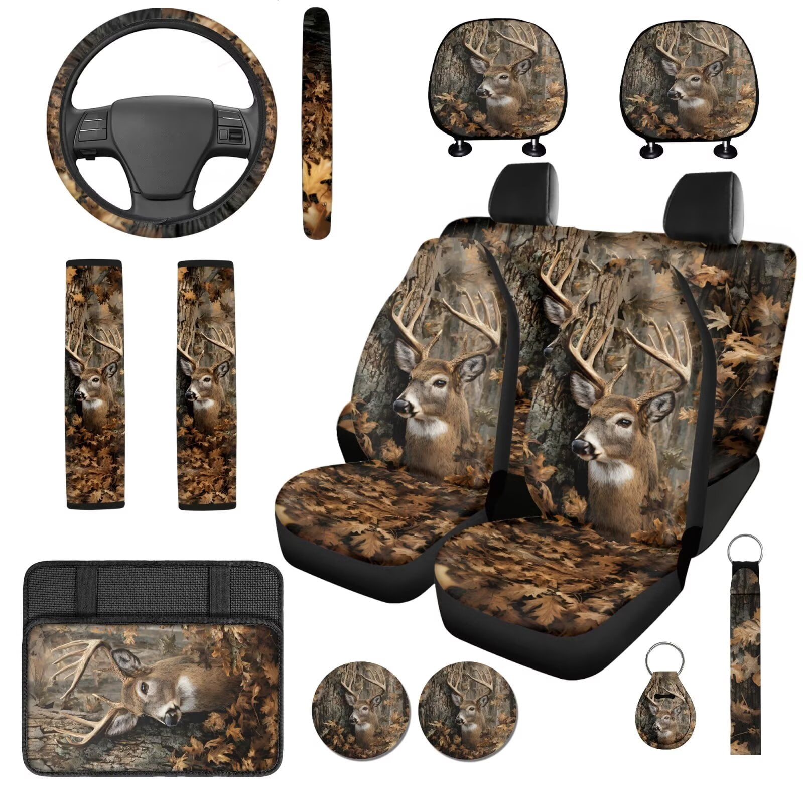 Binienty Deer Hunting Camo Car Seat Covers Full Set with Steering Wheel ...