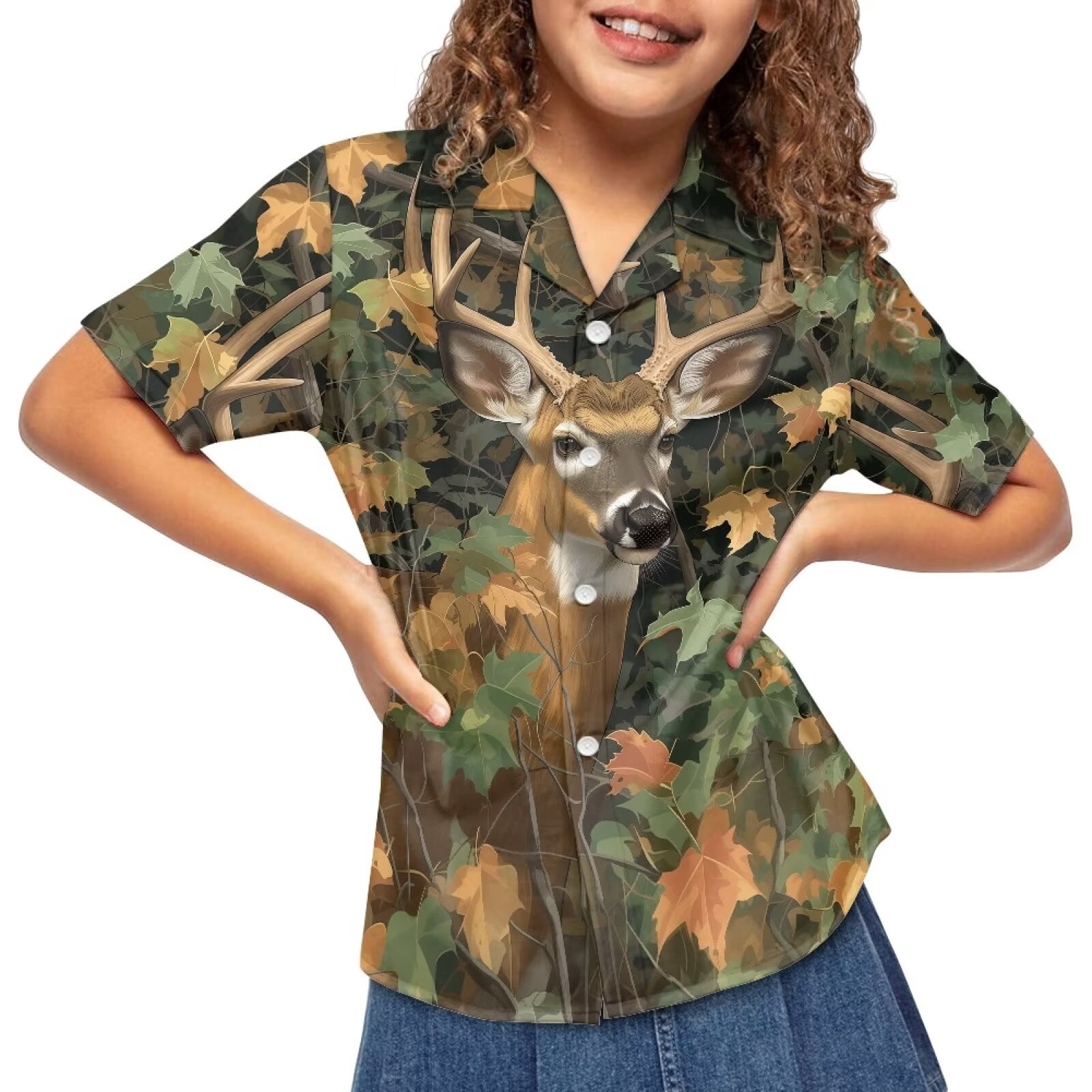 Binienty Deer Hunting Camo Hawaiian Shirts For Girls Comfortable Girls ...