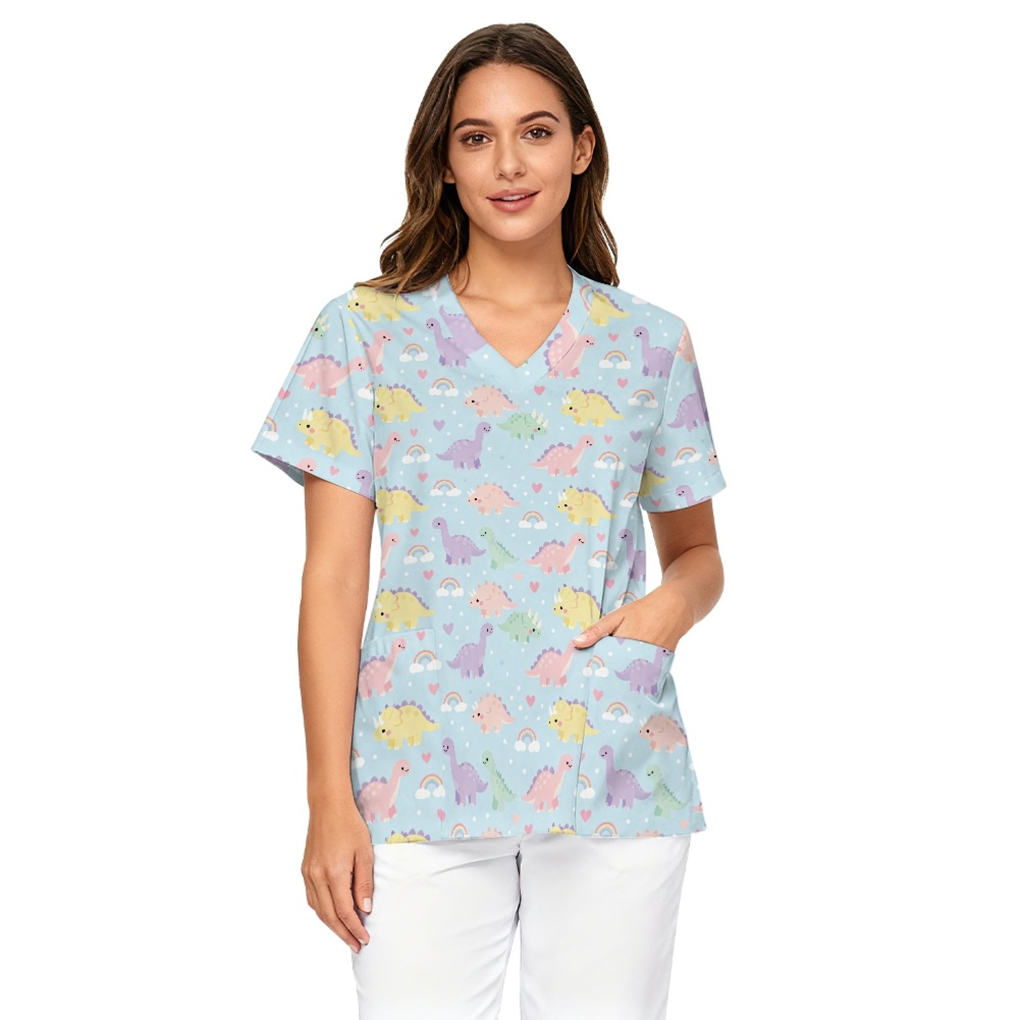 Binienty Dinosaur Patterns Short Sleeve Scrub Top for Women Breathable ...