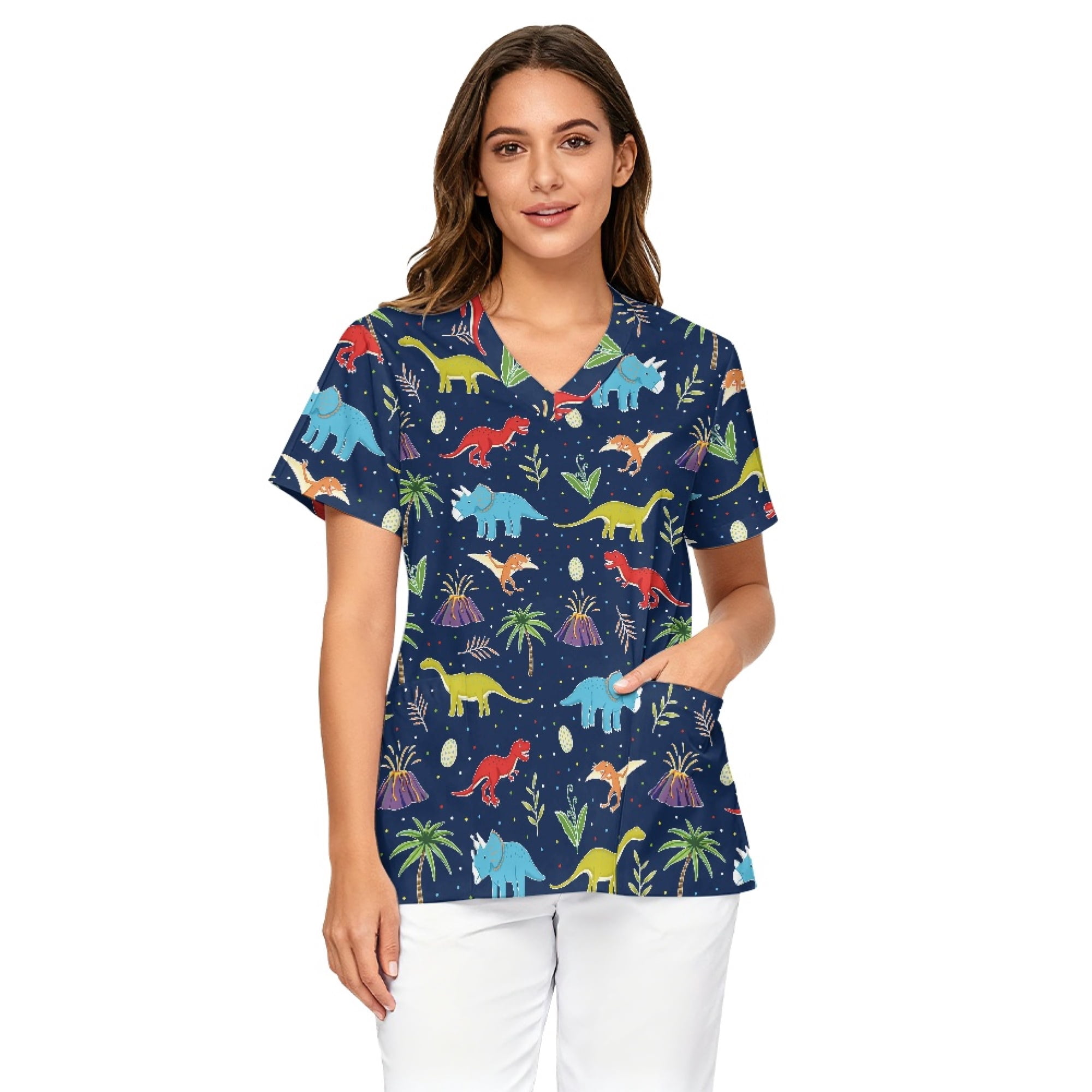 Binienty Dinosaur Print Scrubs for Women, V Neck Scrub Tops Soft ...