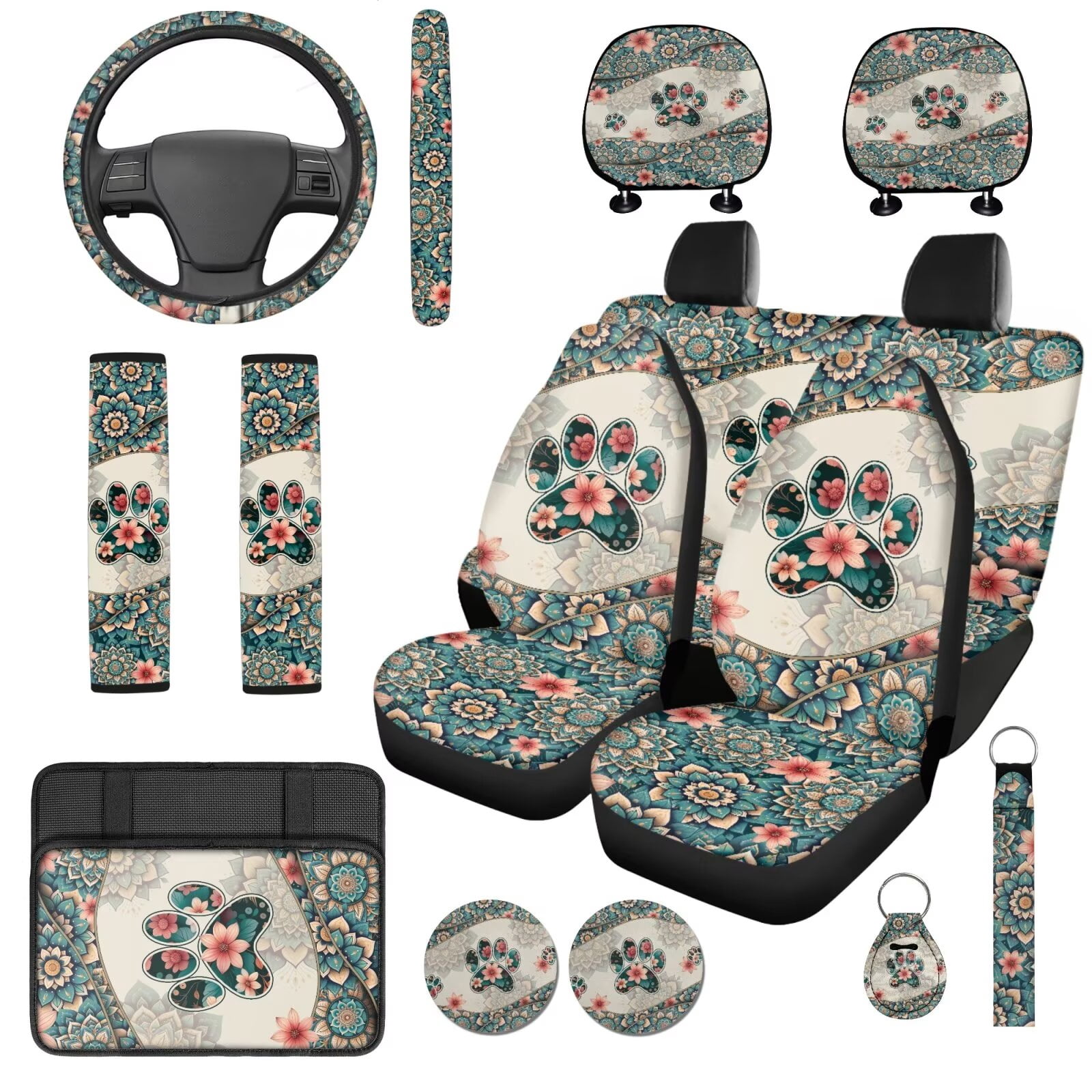 Binienty Dog Paw Car Seat Covers Front And Rear Boho Floral Car Seat ...