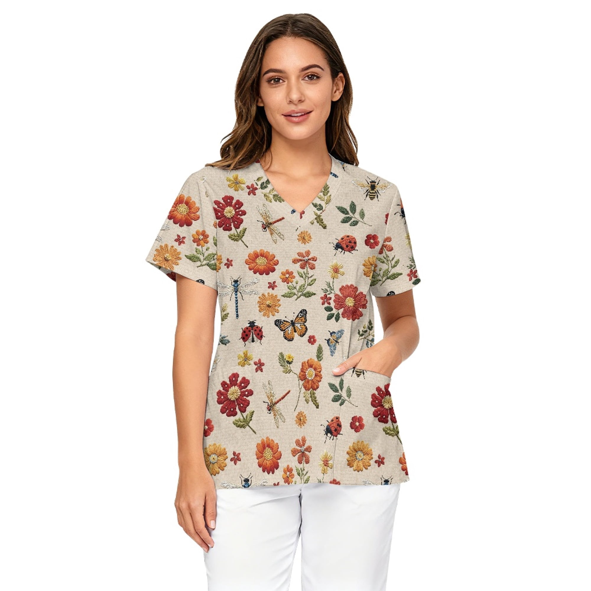 Binienty Dragonfly and Ladybug Pattern Scrub Shirts for Women Stretchy ...