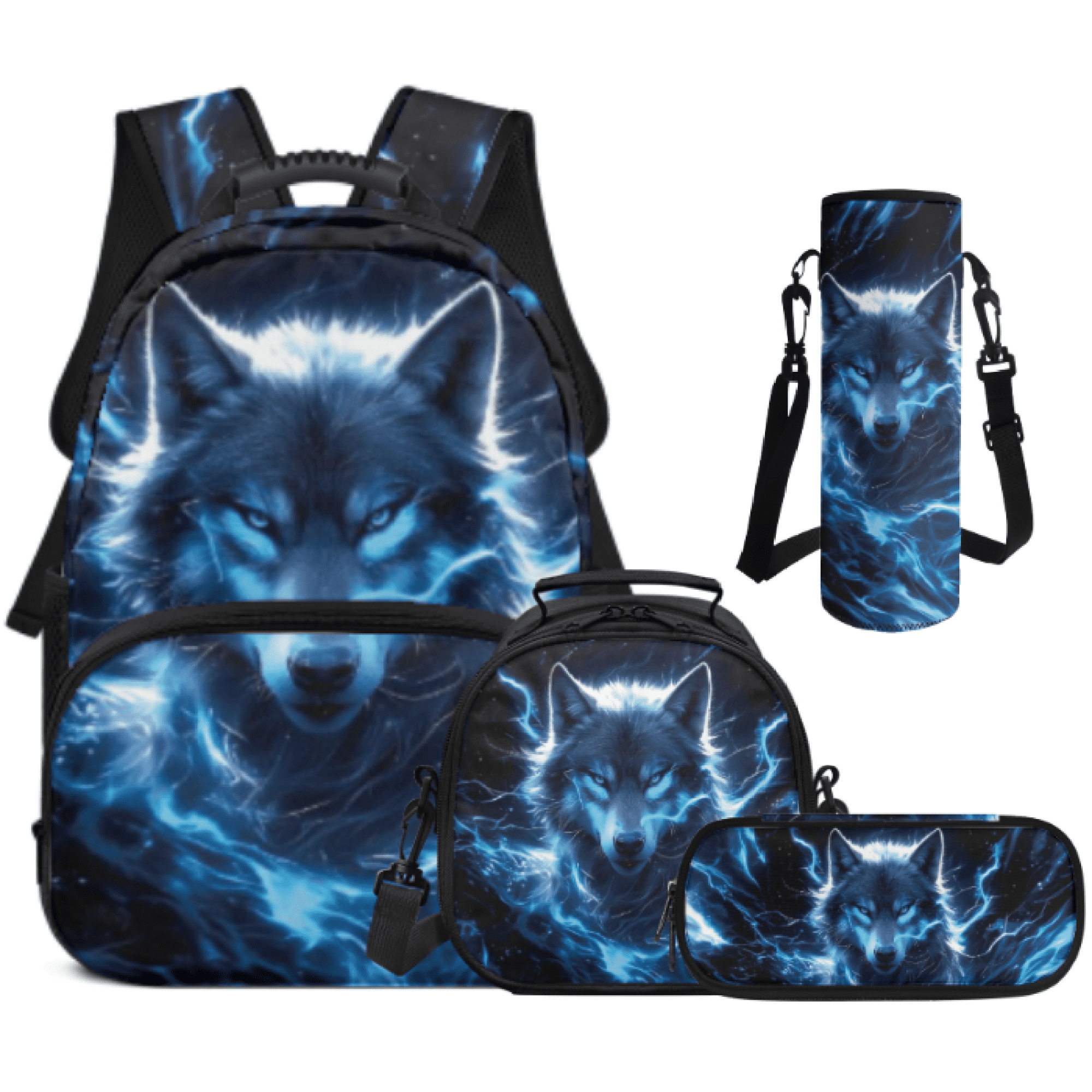Binienty Electric Wolf 4 Piece Kids School Bag with Kids Lunch Box Bag ...