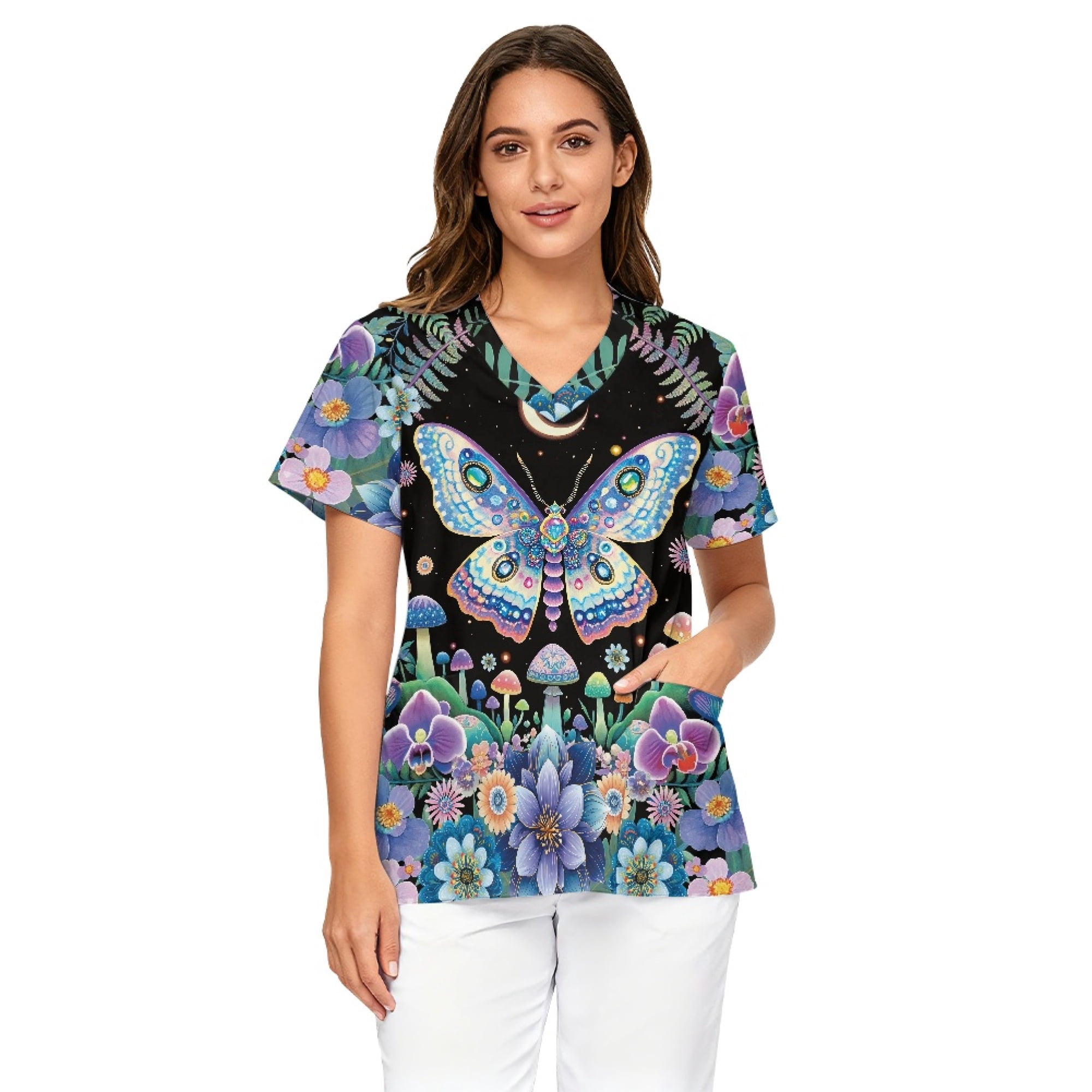 Binienty Fantasy Butterfly & Mushroom Medical Uniform Breathable ...
