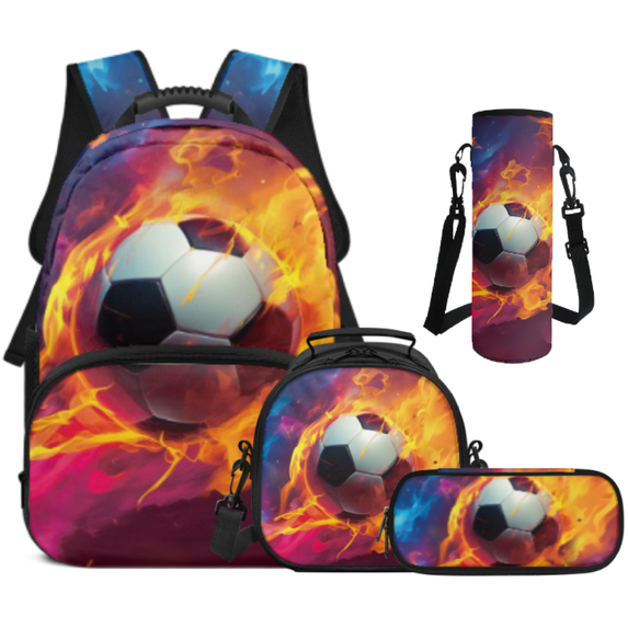 Binienty Fiery Soccer Ball Print 4 Pcs Travel Ruckpack with Lunch Box ...