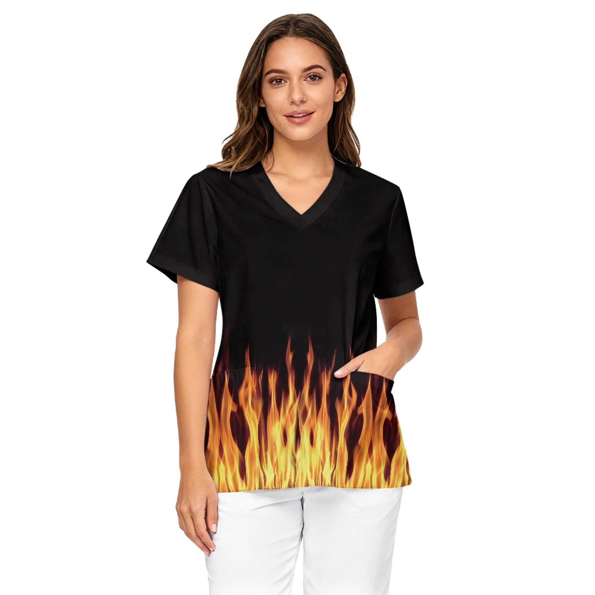 Binienty Flame Design Healthcare Workwear for Women Durable V Neck ...