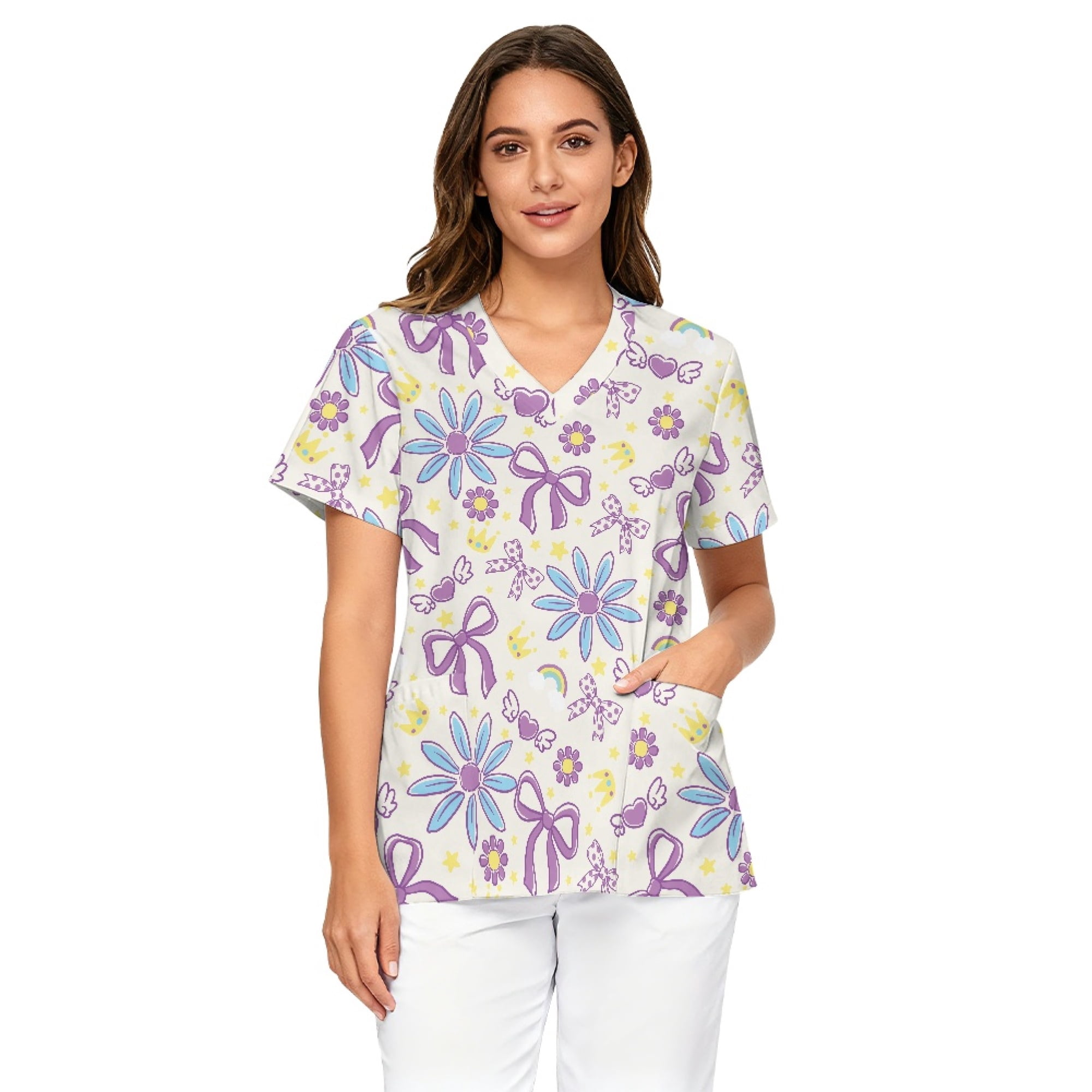 Binienty Floral Bow Pattern Scrub Shirt for Women Stretchy Soft Short ...