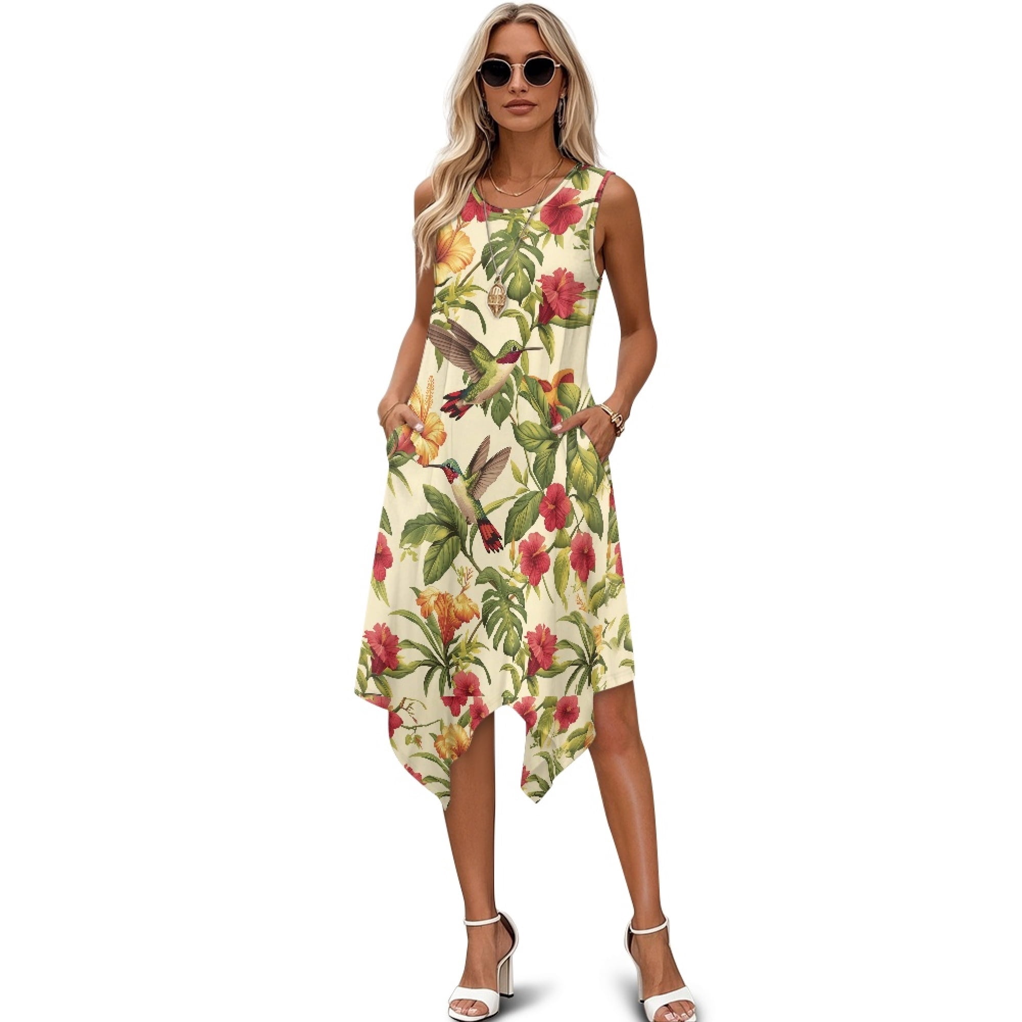 Binienty Floral Hummingbird Summer Sleeveless Dress for Shopping Daily ...