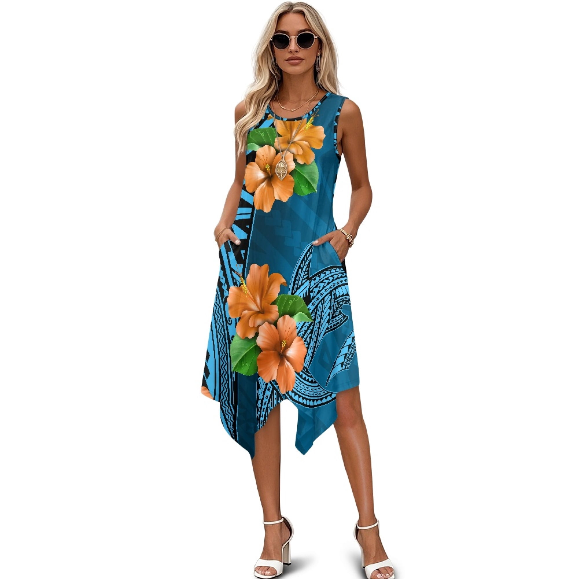 Binienty Floral Pattern Asymmetric Hem Midi Dress, Side Pockets Ladies ...