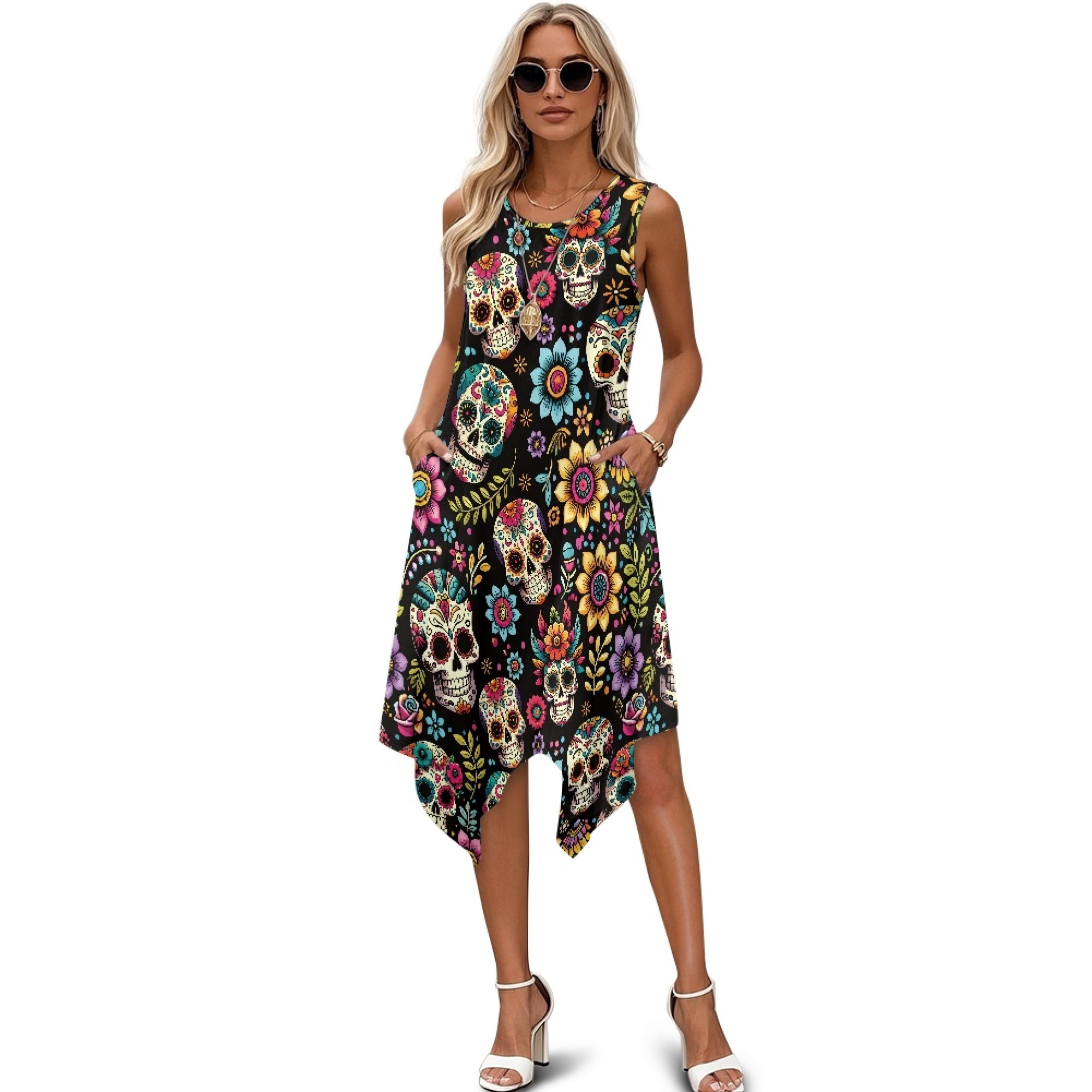 Binienty Floral Skull Design Ladies Sleeveless Round Neck Irregular Hem ...