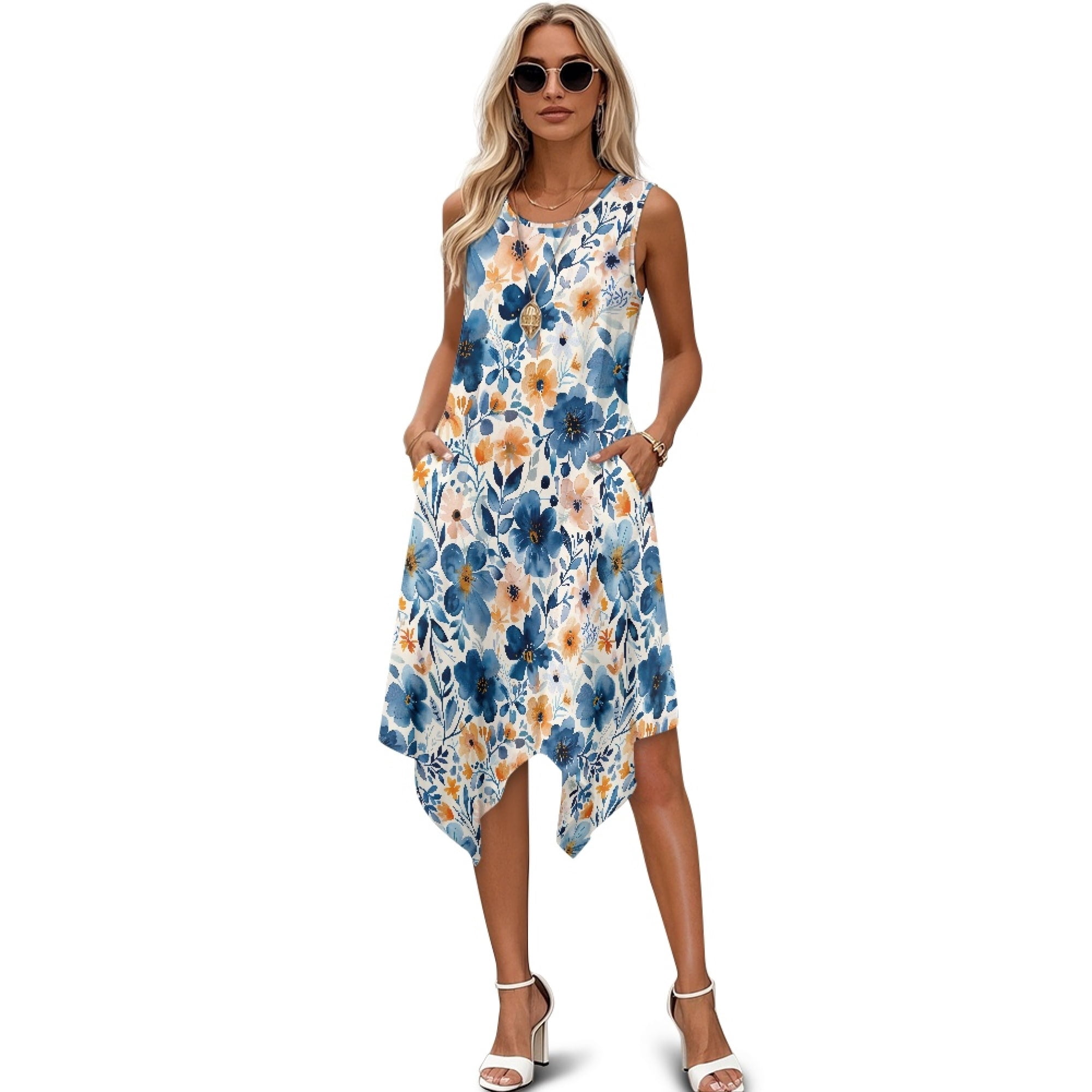 Binienty Floral Sleeveless Sundress, Side Pockets Asymmetric Hem Midi ...