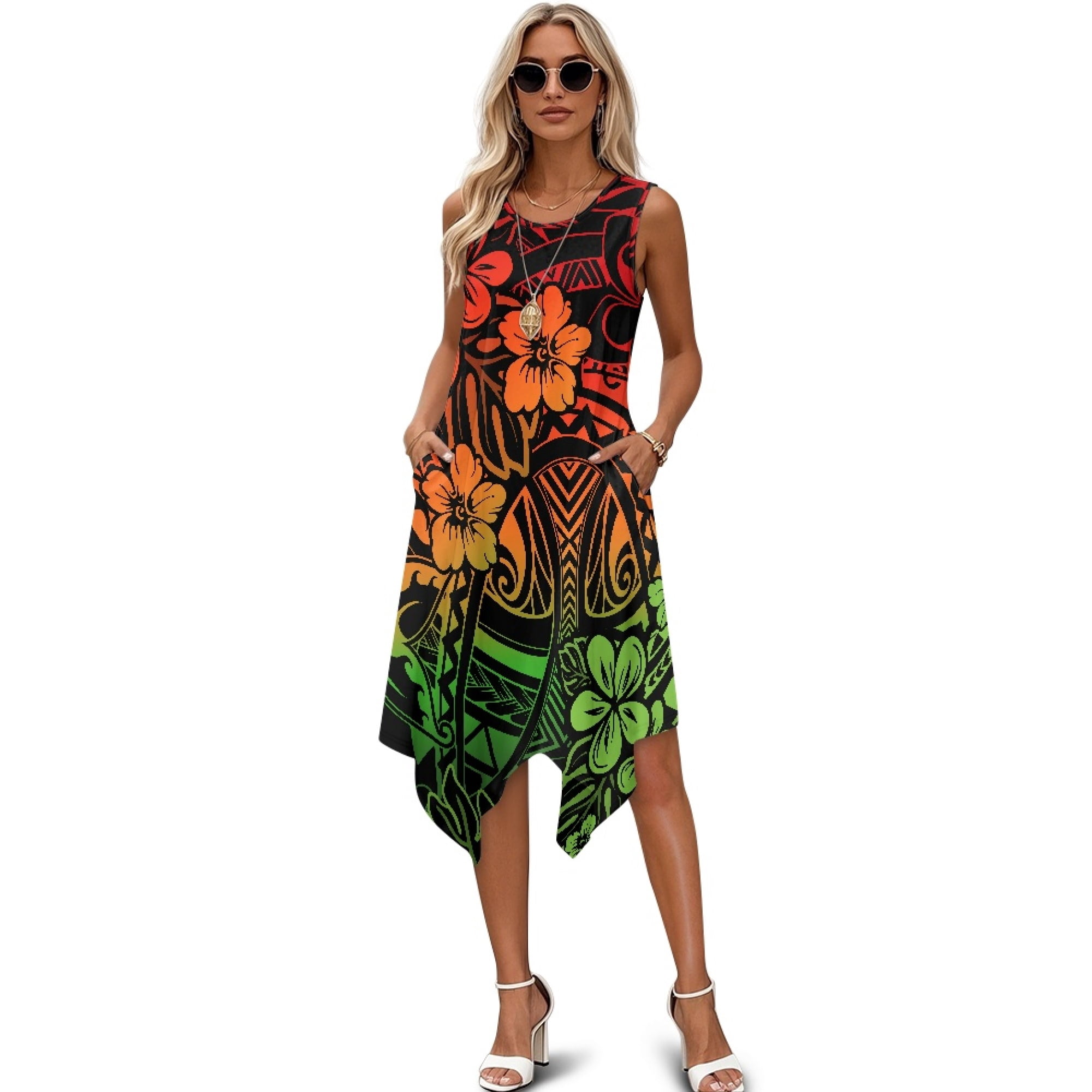 Binienty Floral Women Sleeveless Round Neck Midi Dress, Side Pockets ...