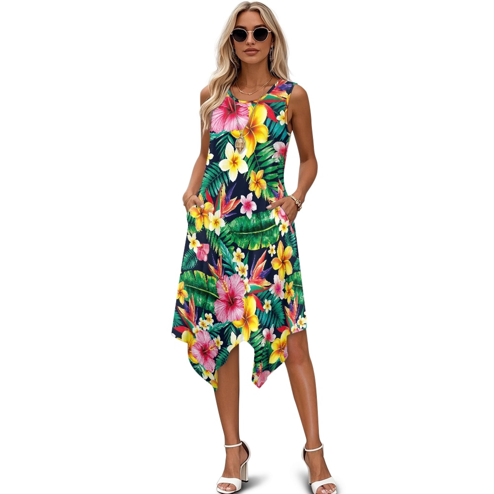Binienty Flower Asymmetric Beach Long Dress, Side Pockets Sleeveless ...
