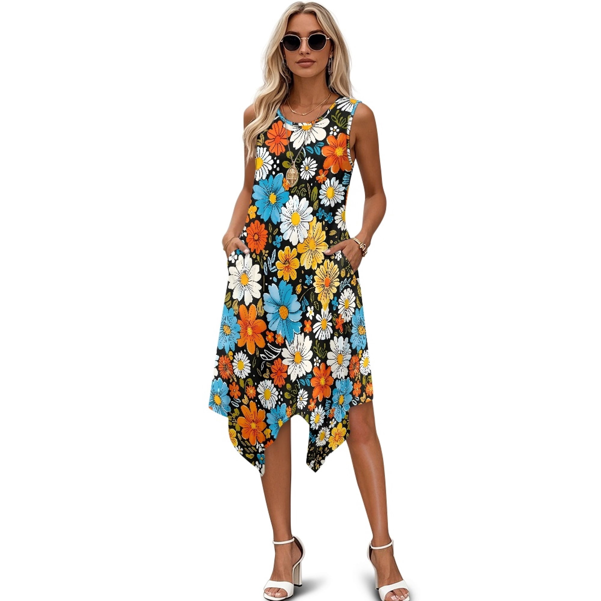 Binienty Flowers Sleeveless Sundress for Party Holiday Party, Side ...