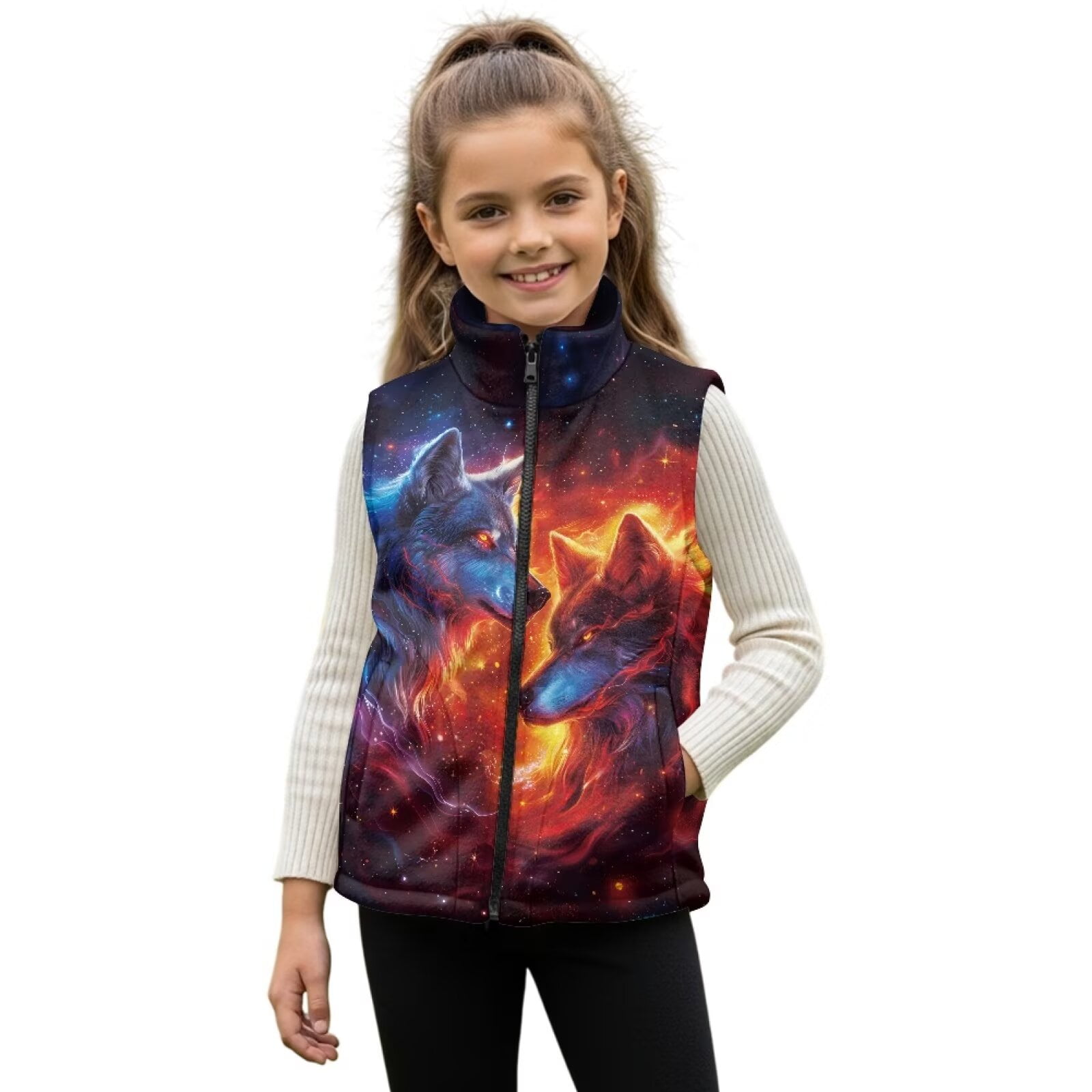 Binienty Galaxy Wolf Girls Fuzzy Jacket Vests Full Zip Up Winter Warm ...